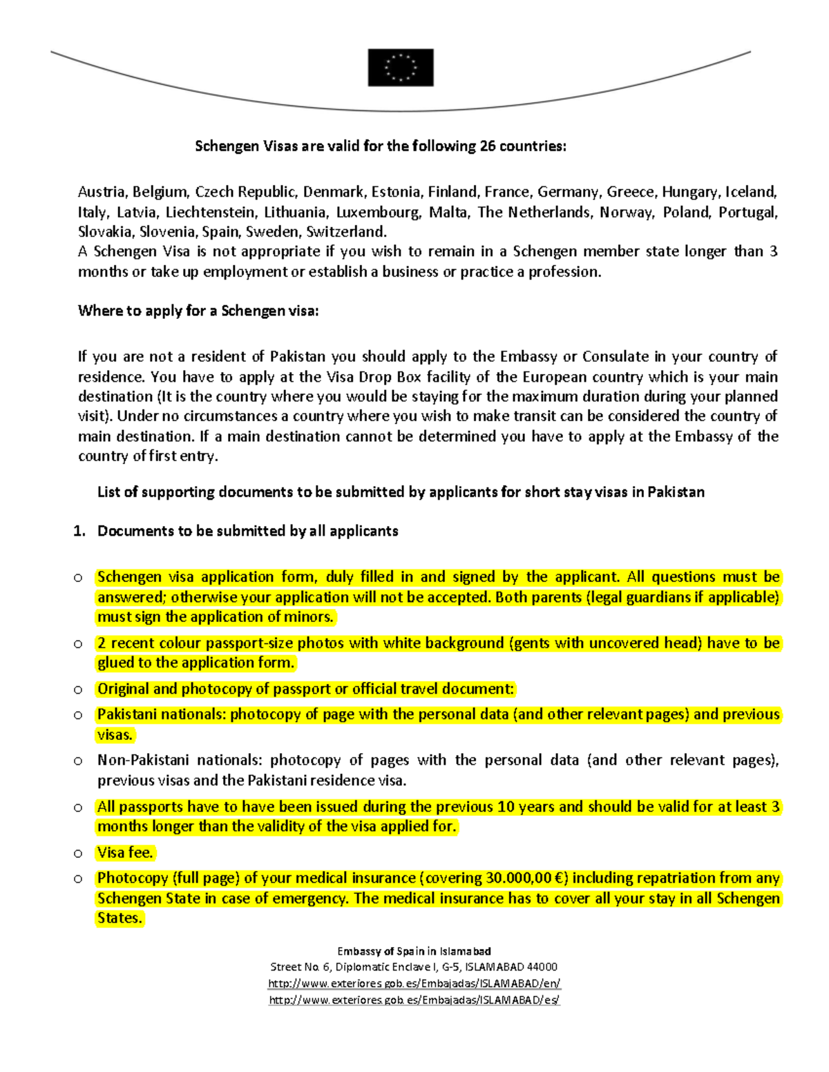 Schengen-Visa-Checklist - Embassy of Spain in Islamabad Street No. 6 ...