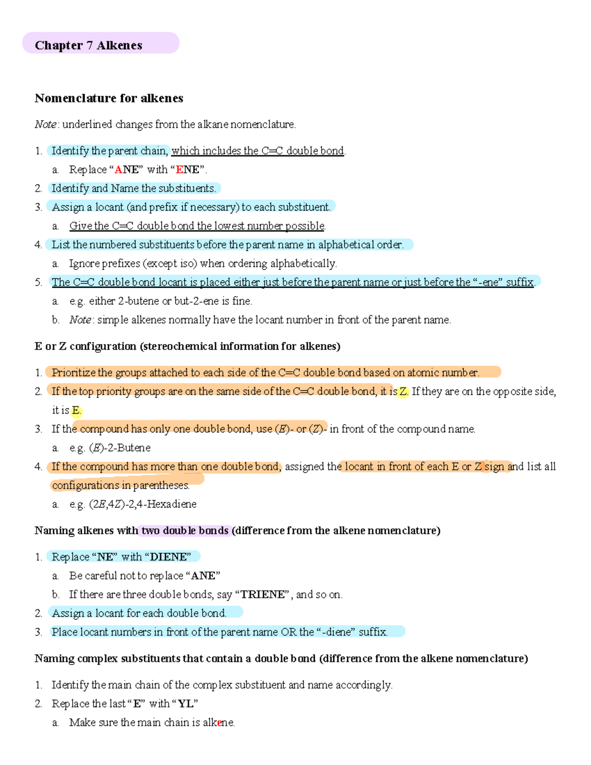 CHEM 3411 handout Ch7 - Chapter 7 Alkenes Nomenclature for alkenes Note: underlined changes from ...