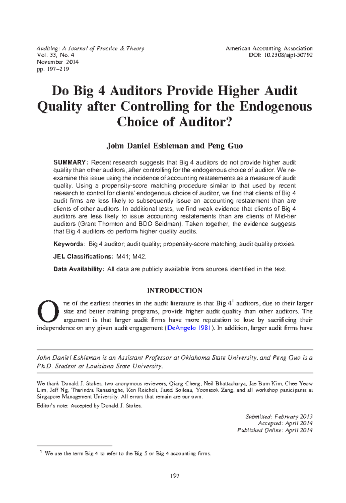 Article 07 - Do big 4 auditors provide higher audit quality - Auditing ...