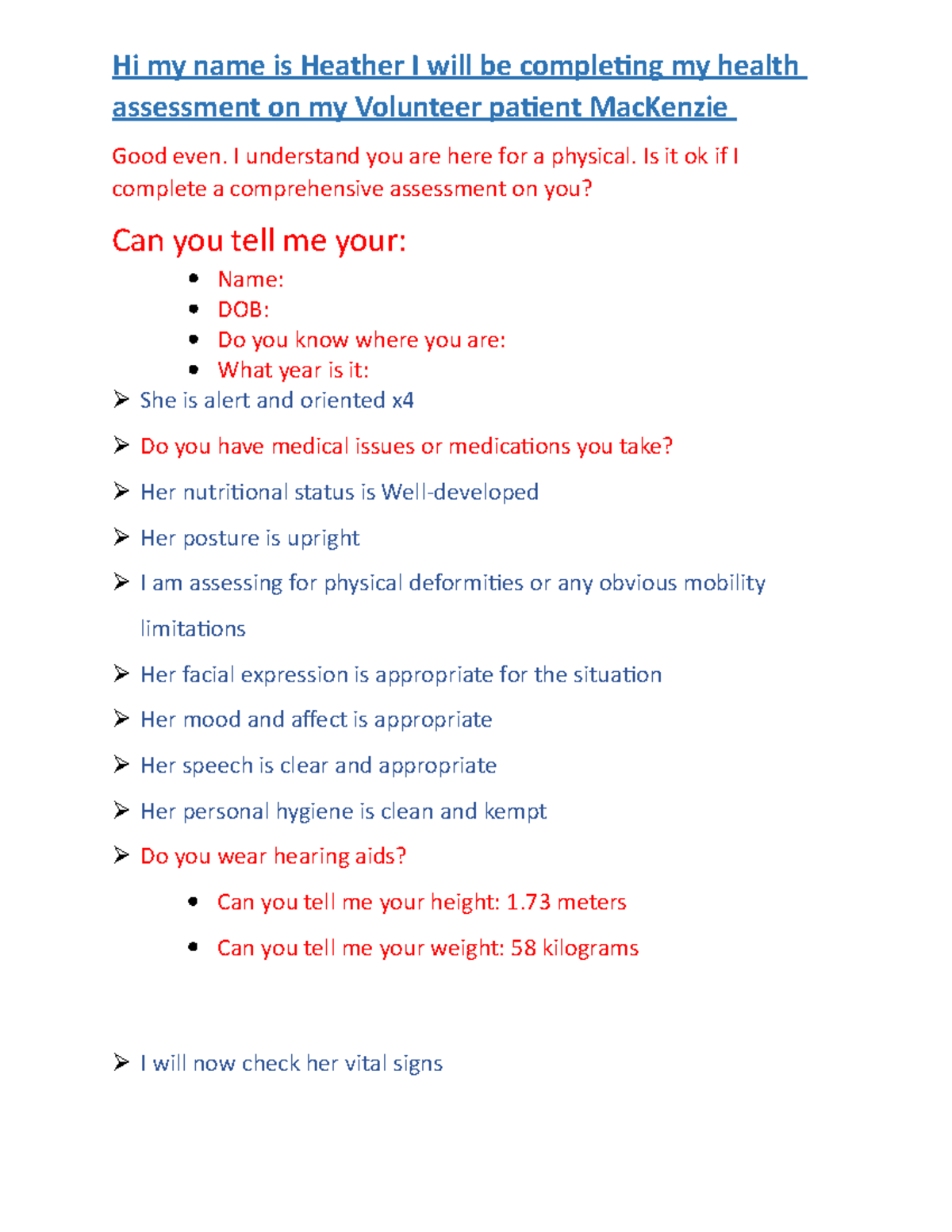 Final Health Assessment - Hi my name is Heather I will be completing my ...
