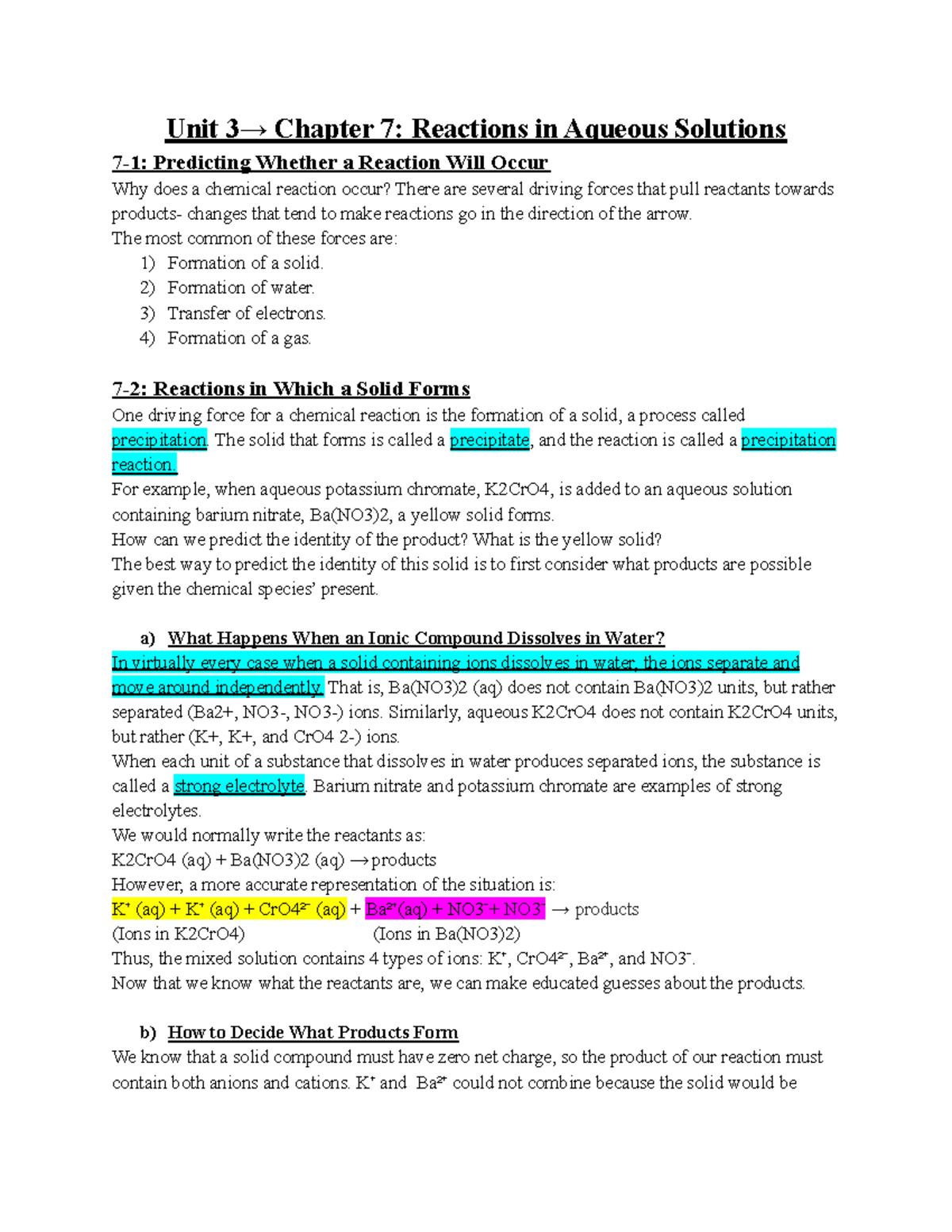 CHEM1060 Unit 3→ Chapter 7 Reactions in Aqueous Solutions - CHEM 1060 ...