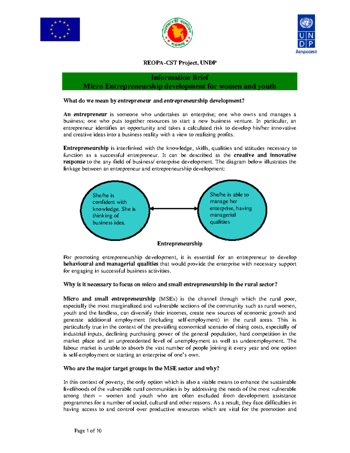 Micro Entrepreneurship development for women and youth - In particular ...
