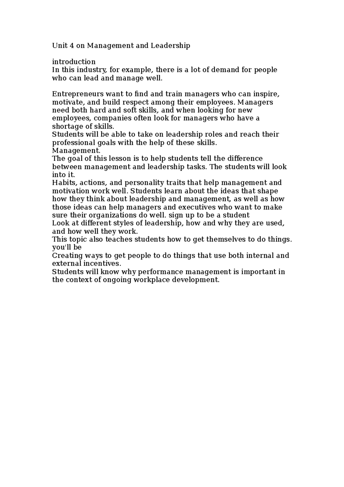 4 - notes - Unit 4 on Management and Leadership introduction In this ...