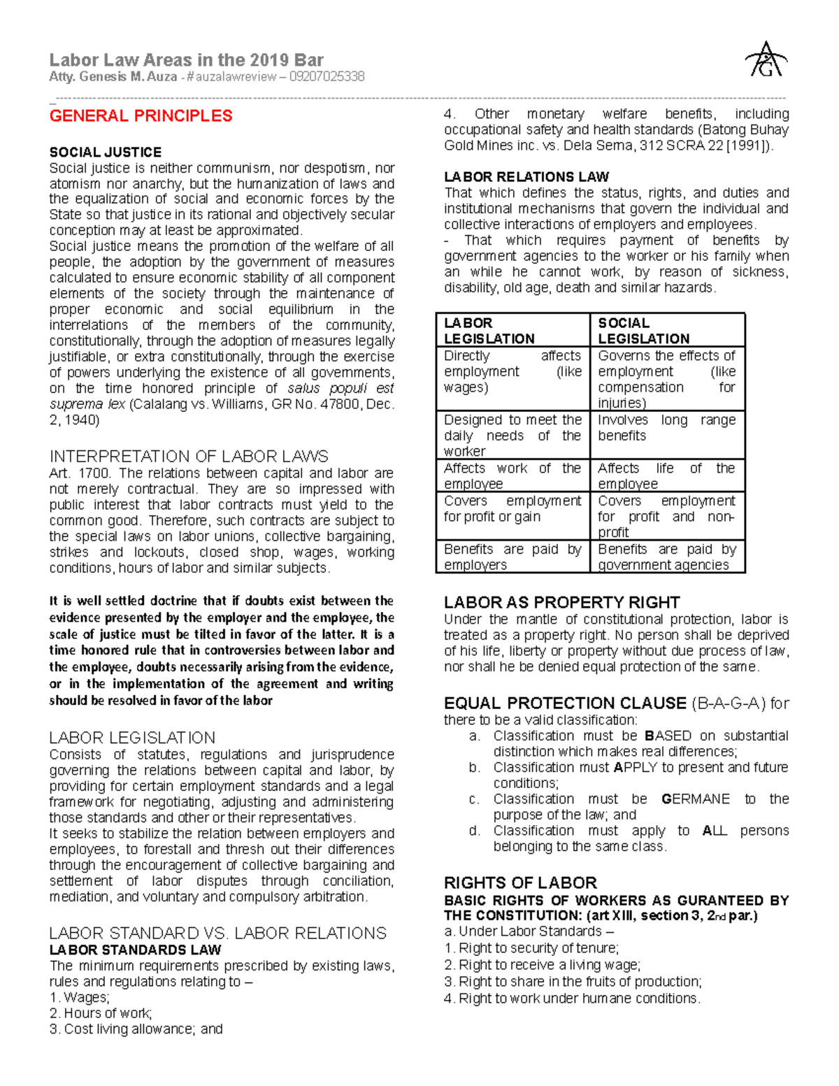Labor Law Areas 2019 - Notes - Atty. Genesis M. Auza - #auzalawreview ...