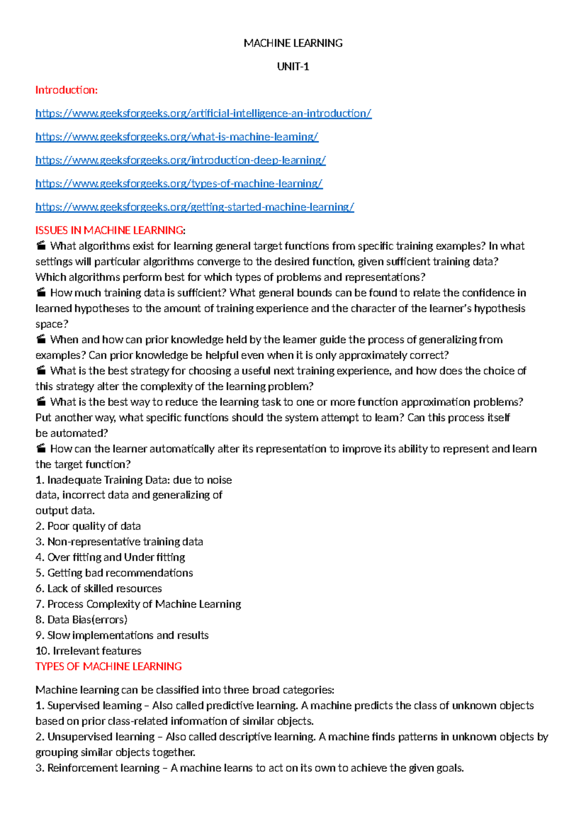 Machine Learning - MACHINE LEARNING UNIT- Introduction: - Studocu