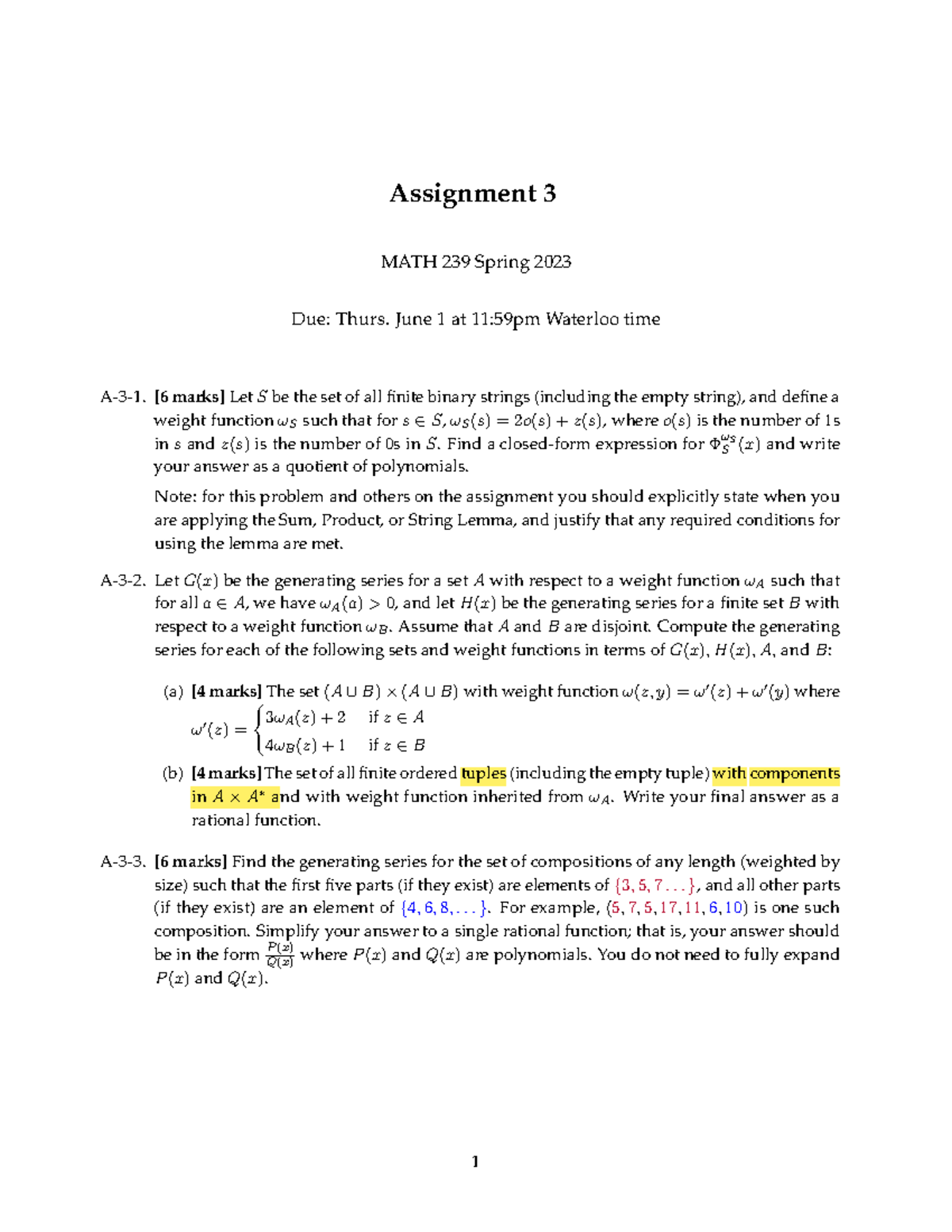 A3- Assignment 3 MATH 239 Spring 2023 Due: Thurs. June 1 at 11:59pm ...