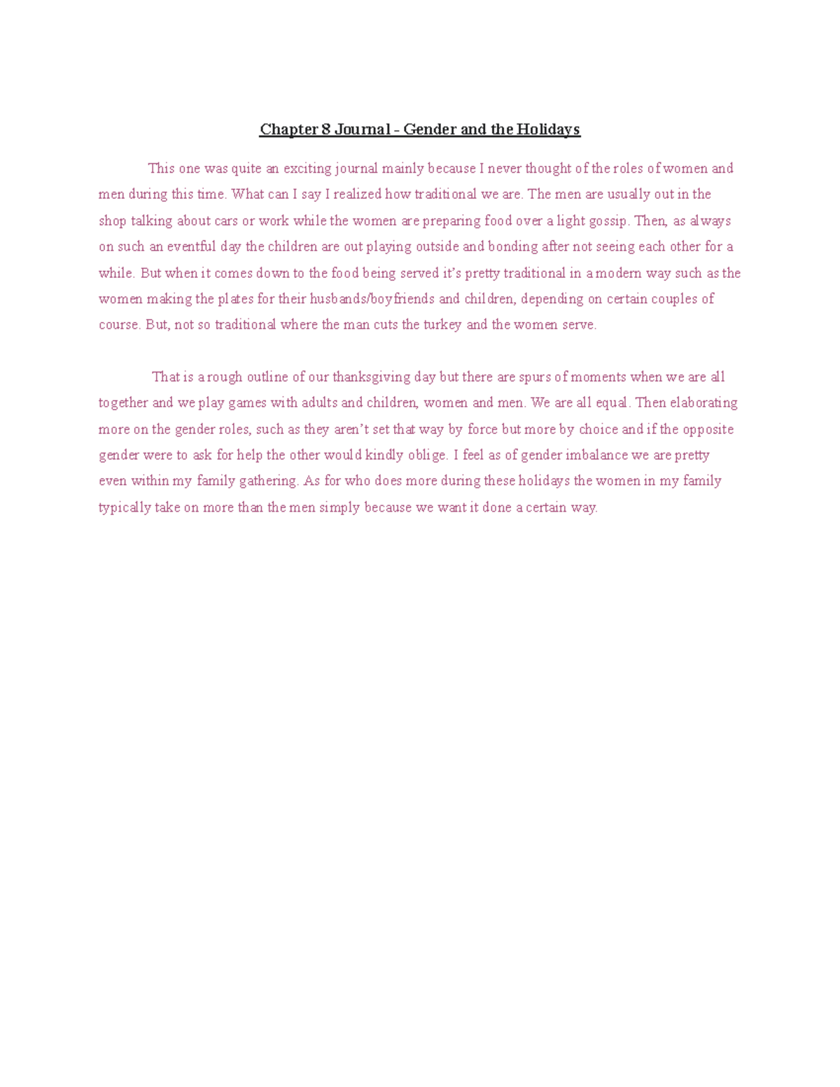 Chapter 8 Journal - Gender and the Holidays-2 - Chapter 8 Journal - Gender and the Holidays This ...