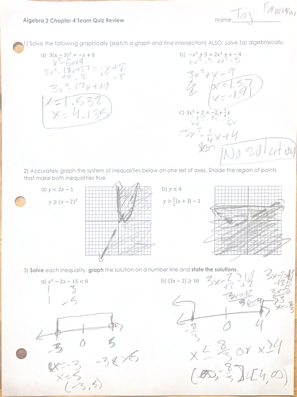 Algebra 2 Chapter 4 Team Quiz Review - MATH 1011 - Algebra 2 Chapter 4 ...