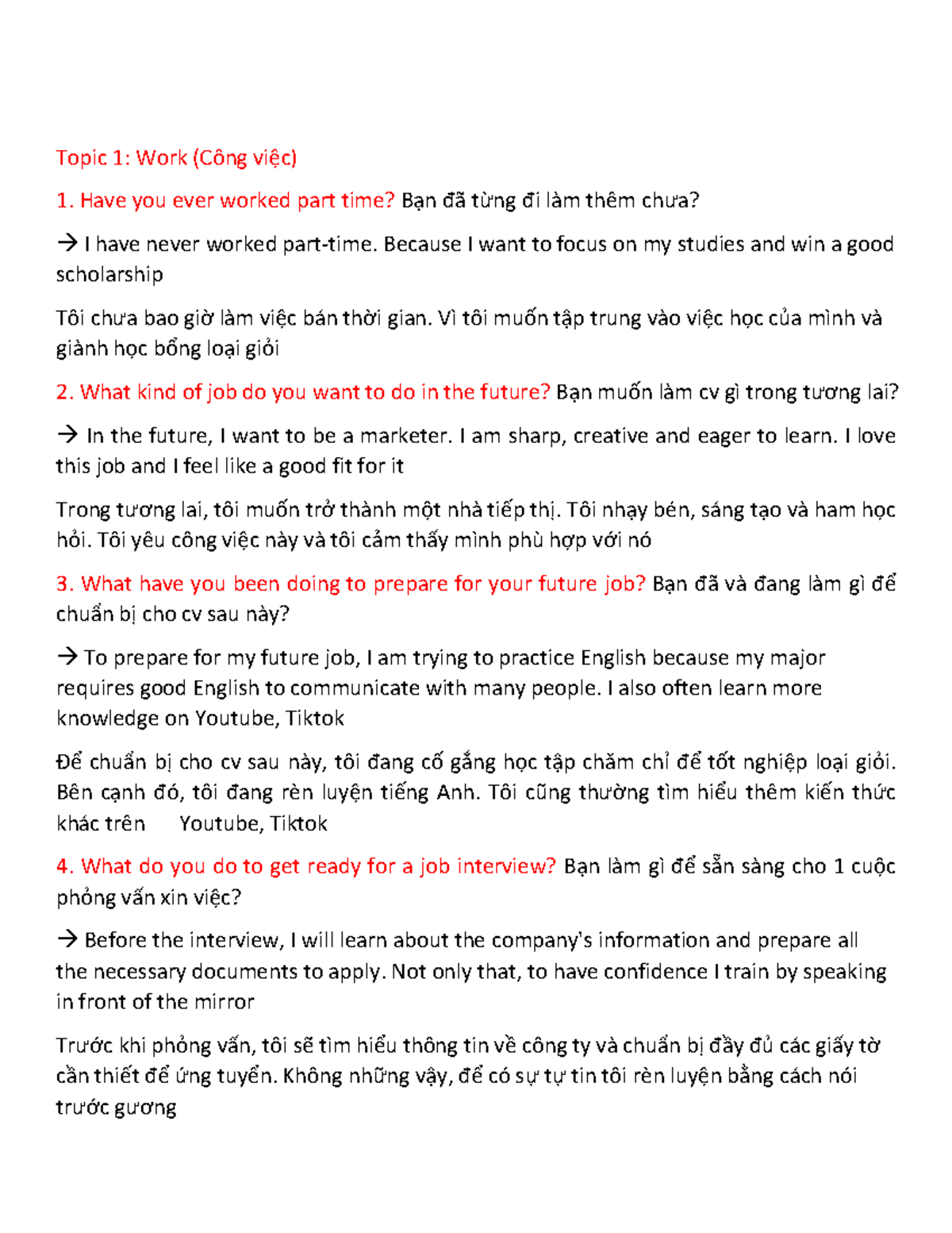 Final AV2 - tiếng anh - Topic 1: Work (Công việc) Have you ever worked part time? Bạn đã từng đi ...