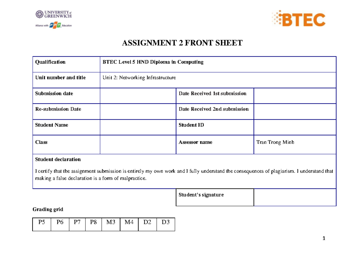 Networking 1619 Asm2 Additional Assignment 2 Front Sheet Qualification Btec Level 5 Hnd
