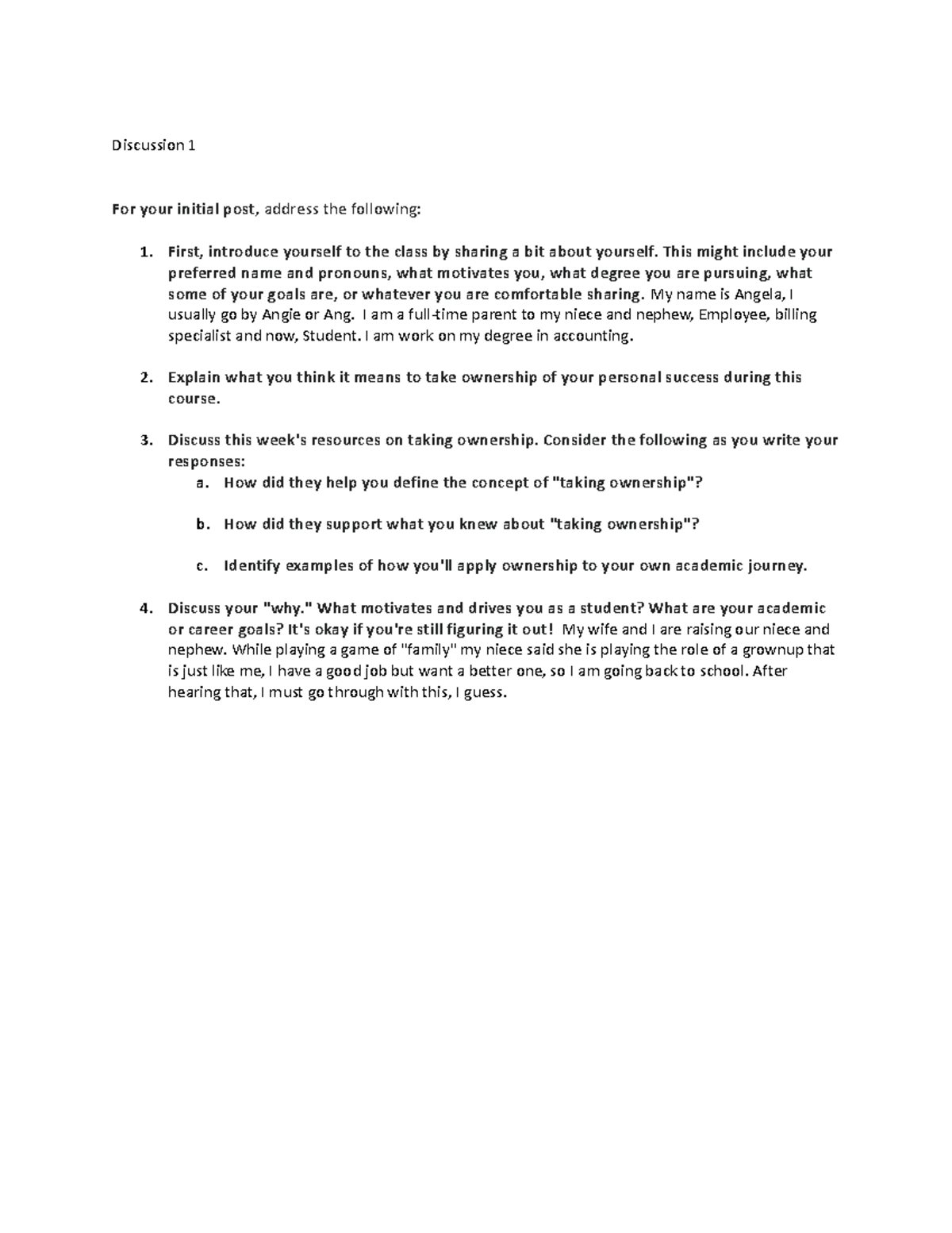 Discussion 1 What Does Taking Ownership Mean to You - Discussion 1 For ...