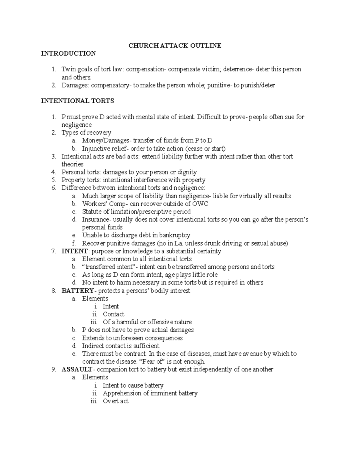 Church Attack Outline: Intentional Torts Property Torts and Defenses ...