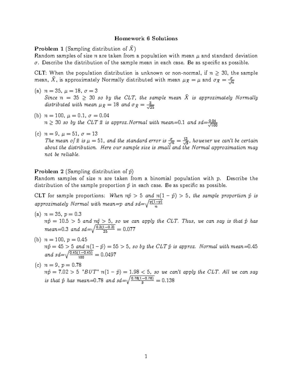 Chapter 6 Homework Solutions - Homework 6 Solutions Problem 1 (Sampling distribution of X ̄ ...