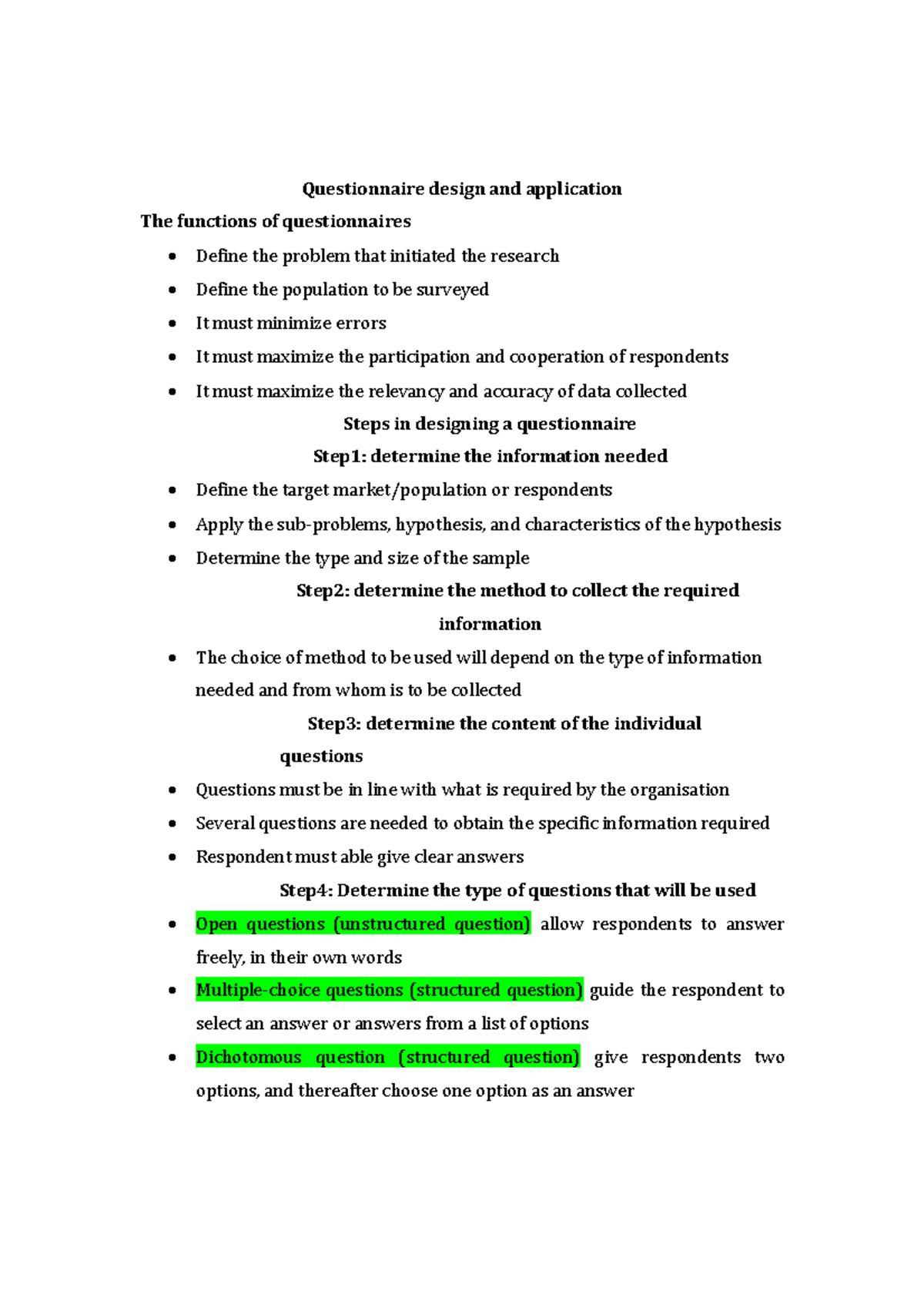 Market Research - how to study - Questionnaire design and application ...