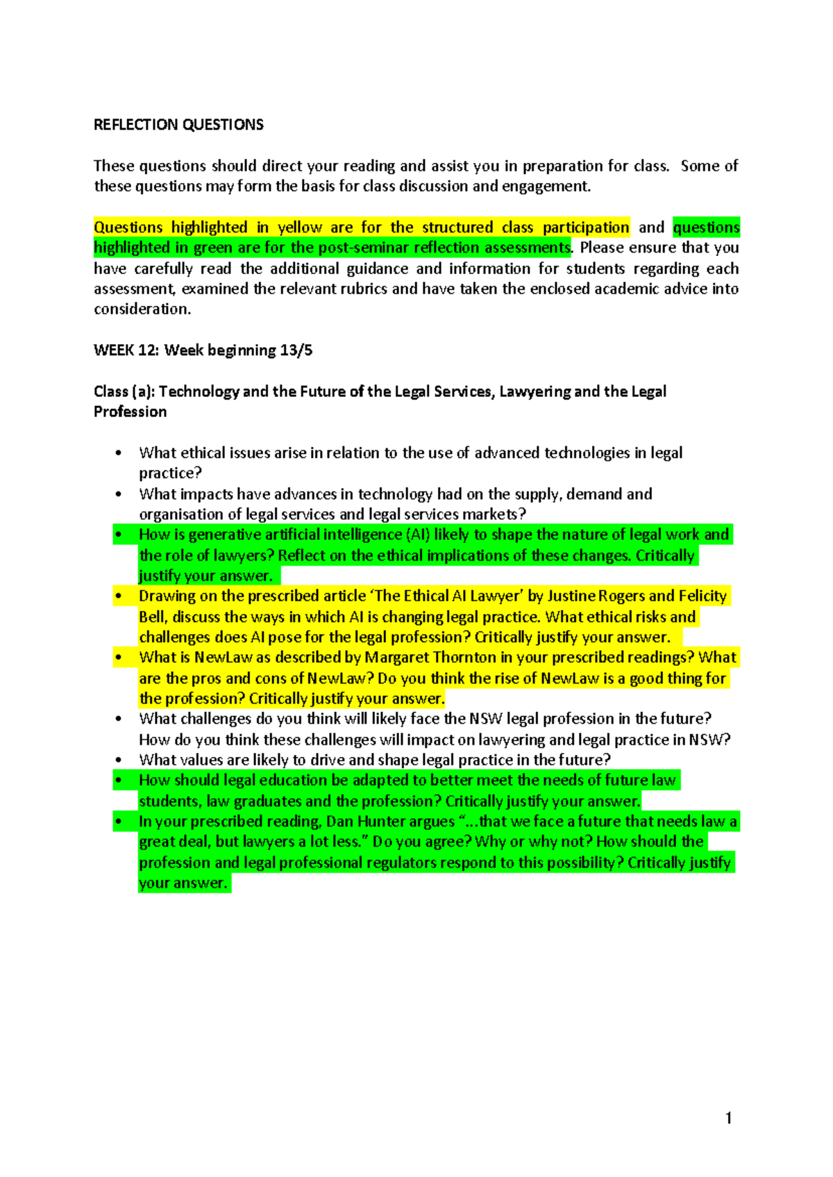 TLP Reflection quetsions Class 12(a) Technology and the future of legal practice - 1 REFLECTION ...