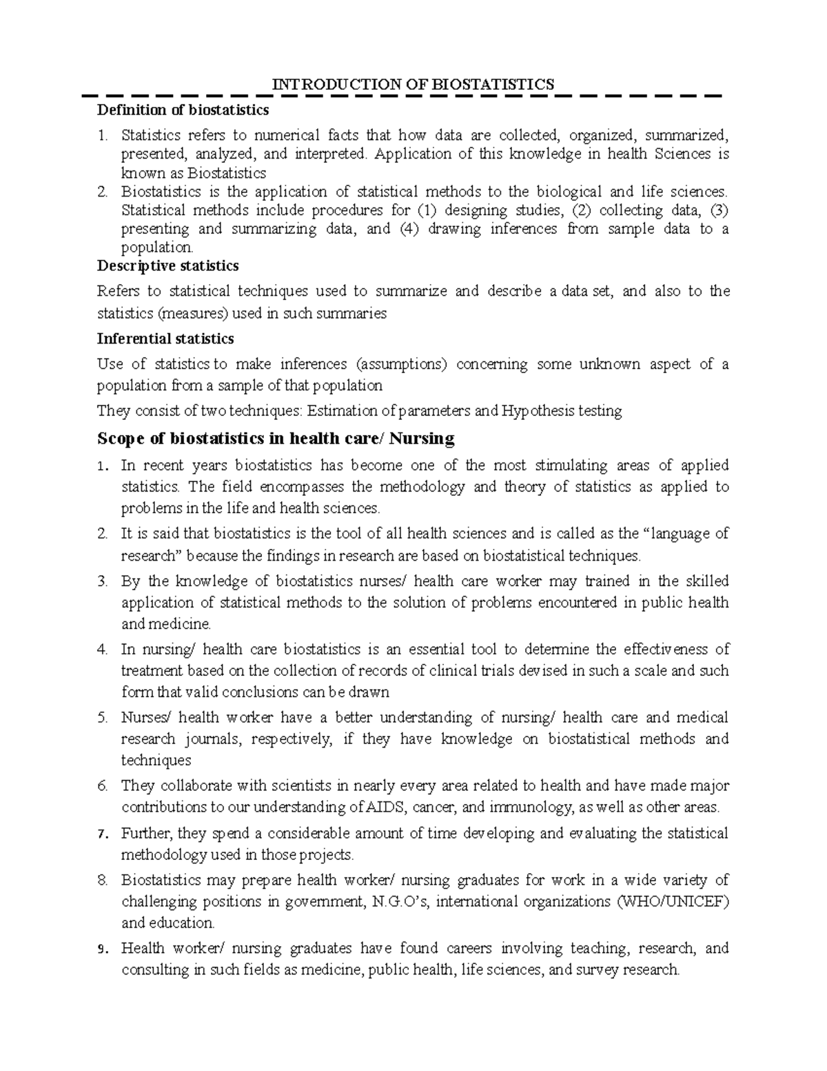UNIT 1 - Notes - INTRODUCTION OF BIOSTATISTICS Definition of ...