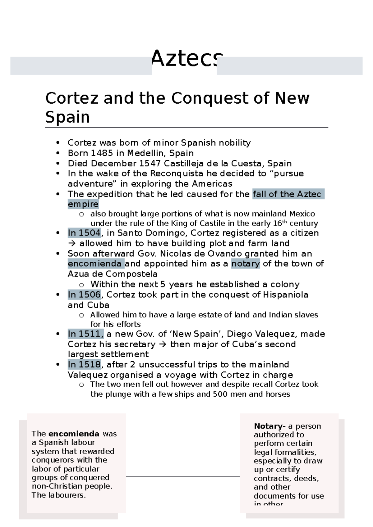 Aztecs (lecture notes) - Aztecs Cortez and the Conquest of New Spain ...