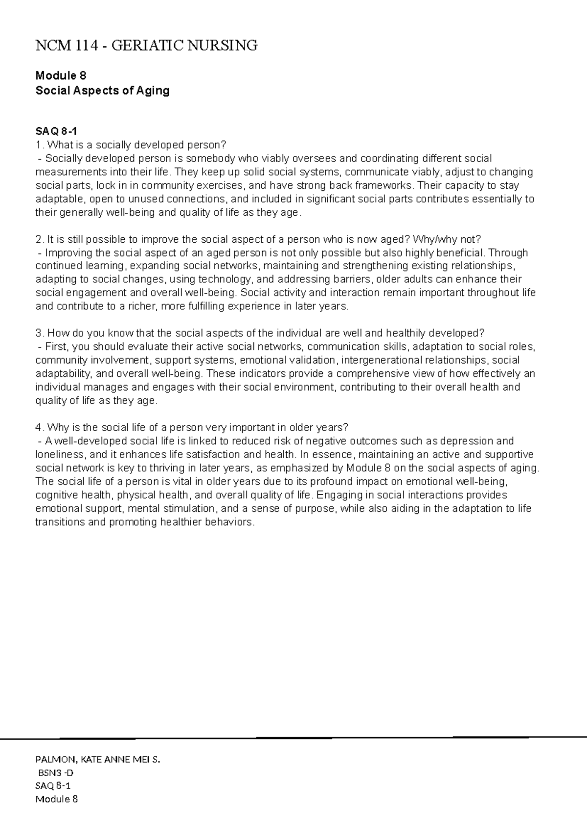 Geria Activities. Palmon Module 8docx - NCM 114 - GERIATIC NURSING Module 8 Social Aspects of ...