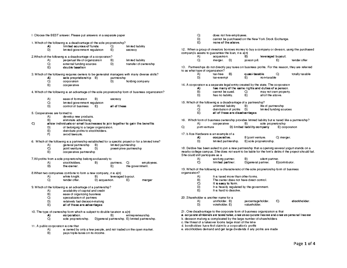 Pdfcoffee - Quiz for Business Organization - I Choose the BEST answer. Please put answers in a ...