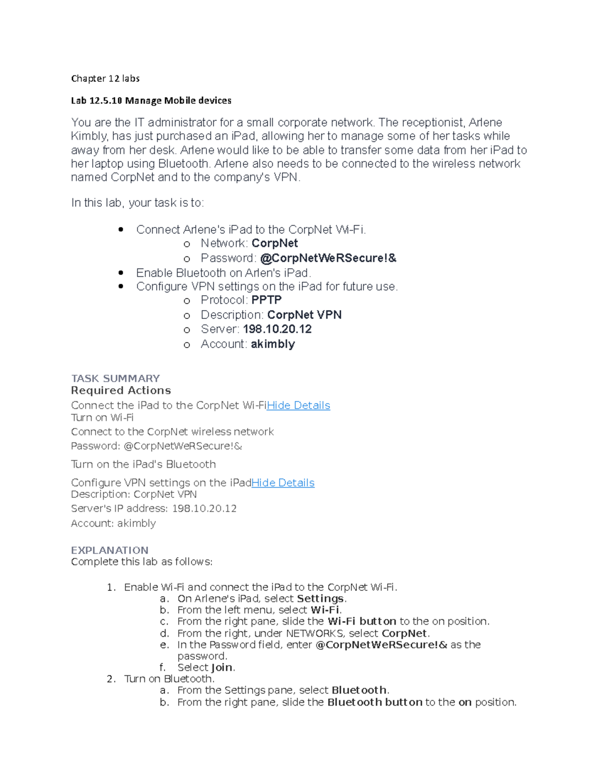 Chapter 12 labs - labsims - Chapter 12 labs Lab 12.5 Manage Mobile ...