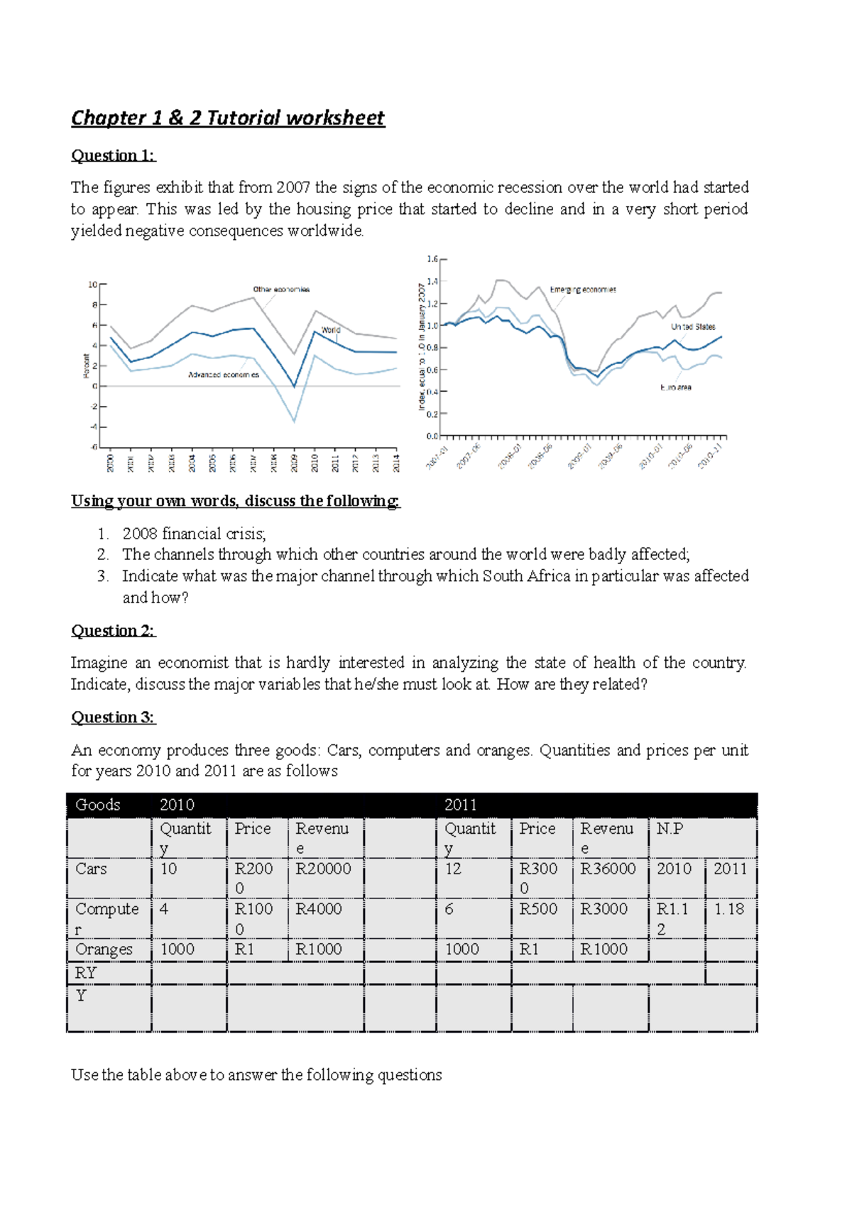Chapter 1 and 2 tut - Chapter 1 & 2 Tutorial worksheet Question 1: The ...