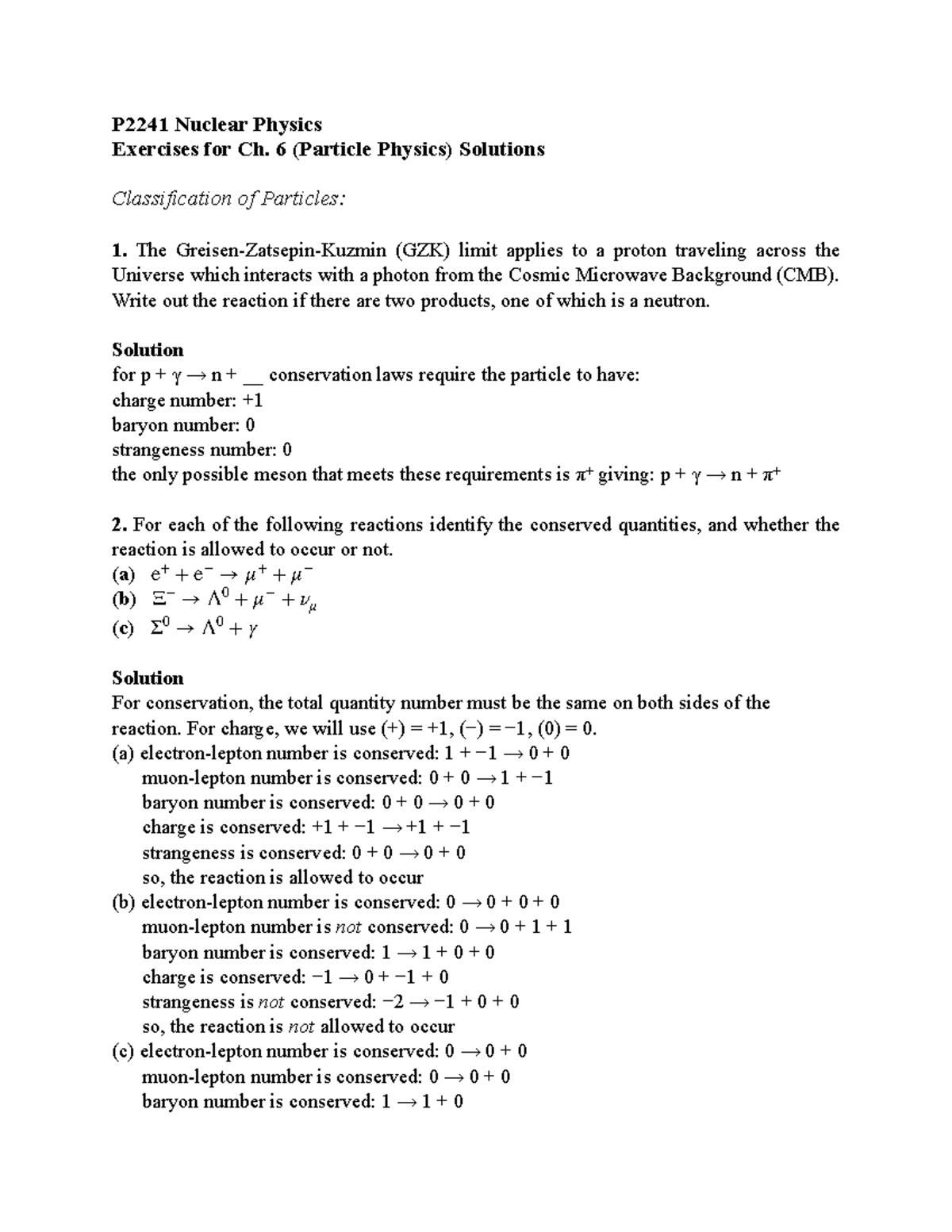 Solutions particle physics problems - P2241 Nuclear Physics Exercises for Ch. 6 (Particle ...