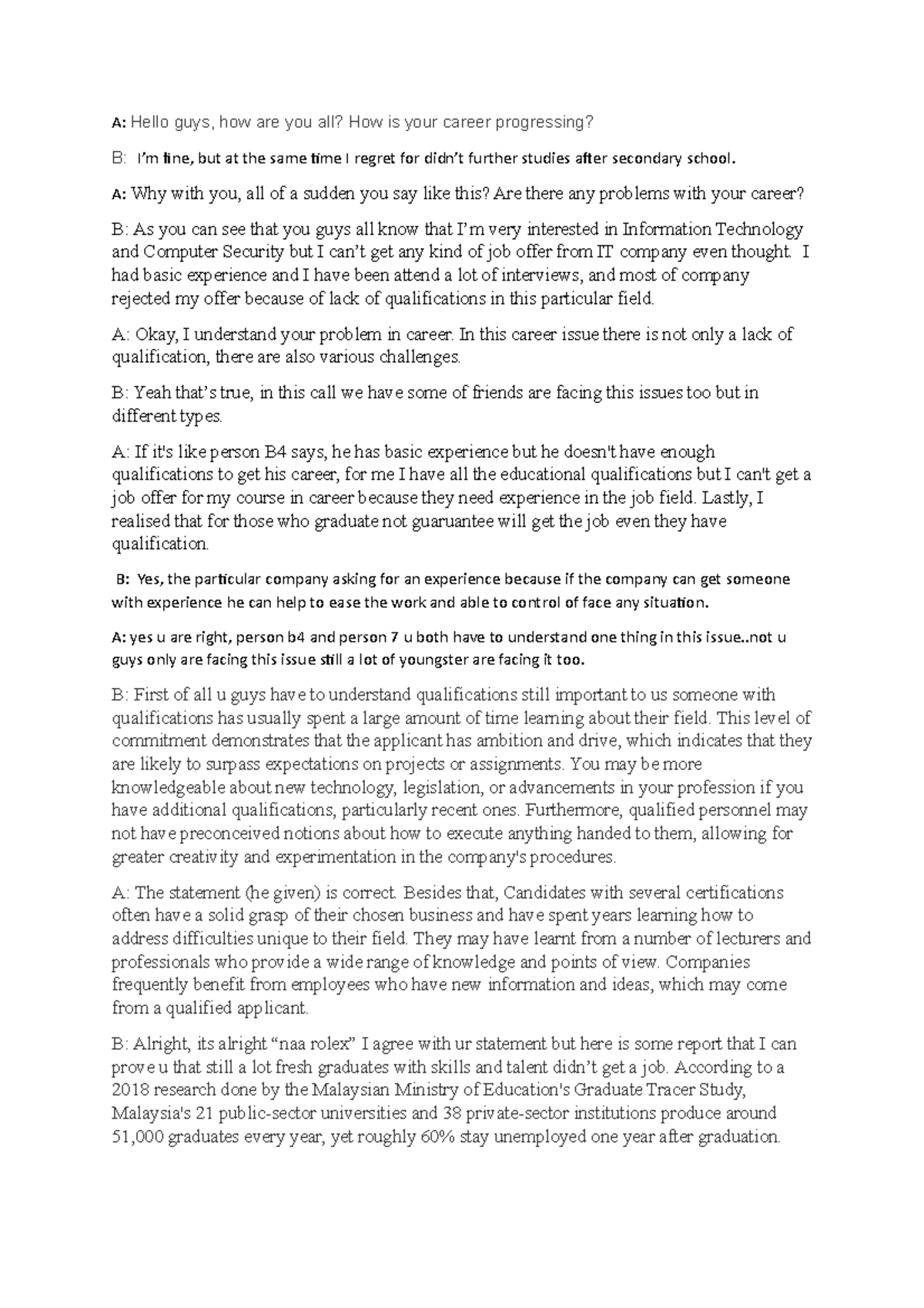 Counselling script - document - A: Hello guys, how are you all? How is ...