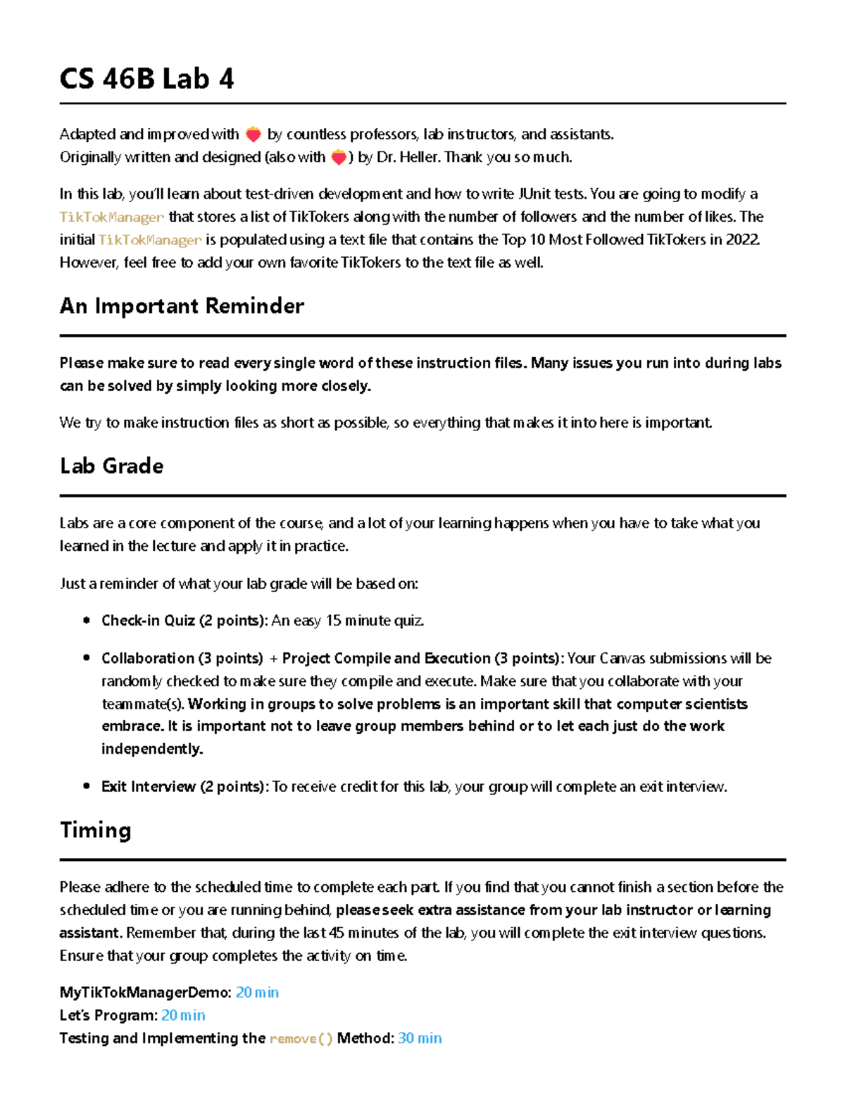 Lab5 instructions - CS 46B Lab 4 Adapted and improved with by countless professors, lab ...