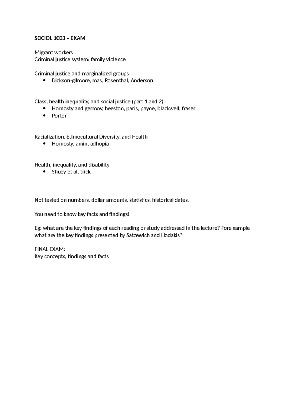 Sociol 1C03 final exam - SOCIOL 1C03 – EXAM Migrant workers Criminal ...