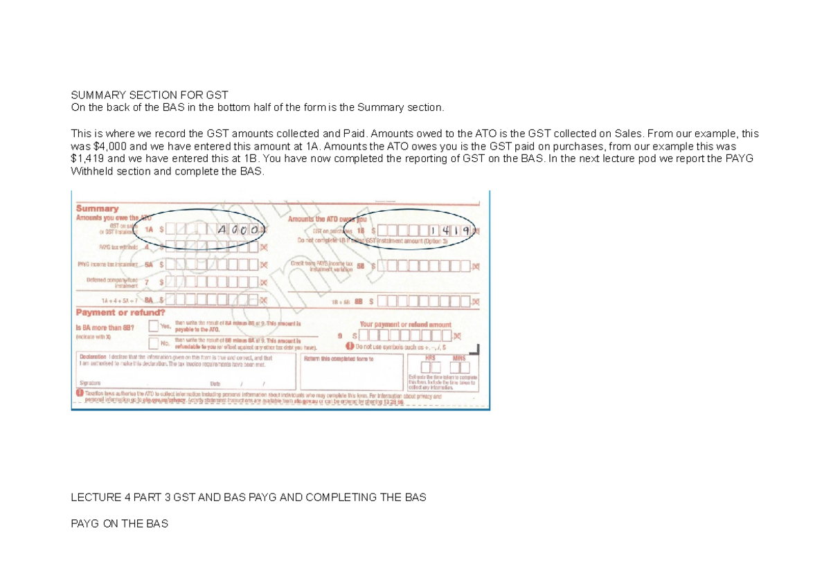 CT3 - Week 2 - CT3 - SUMMARY SECTION FOR GST On the back of the BAS in ...