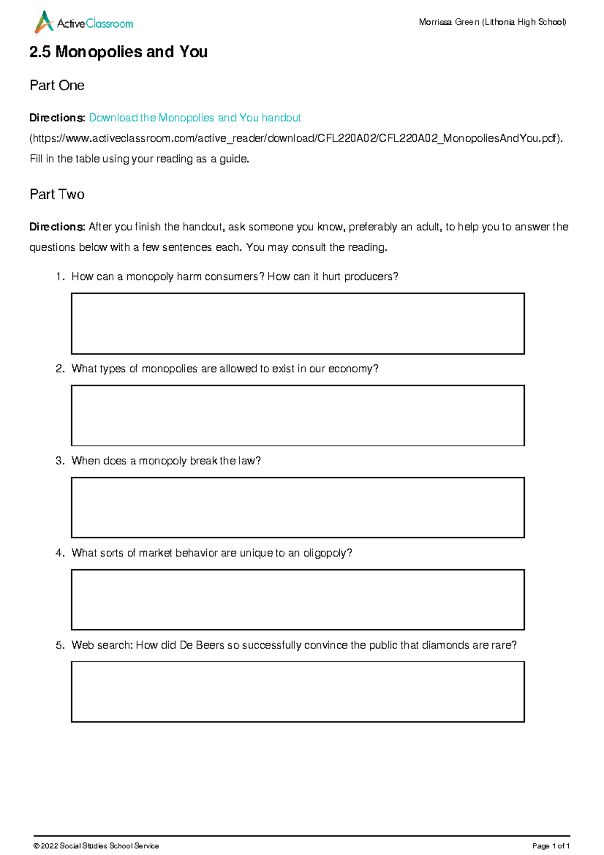 Monopolies and You activity - 2 Monopolies and You Part One Directions ...