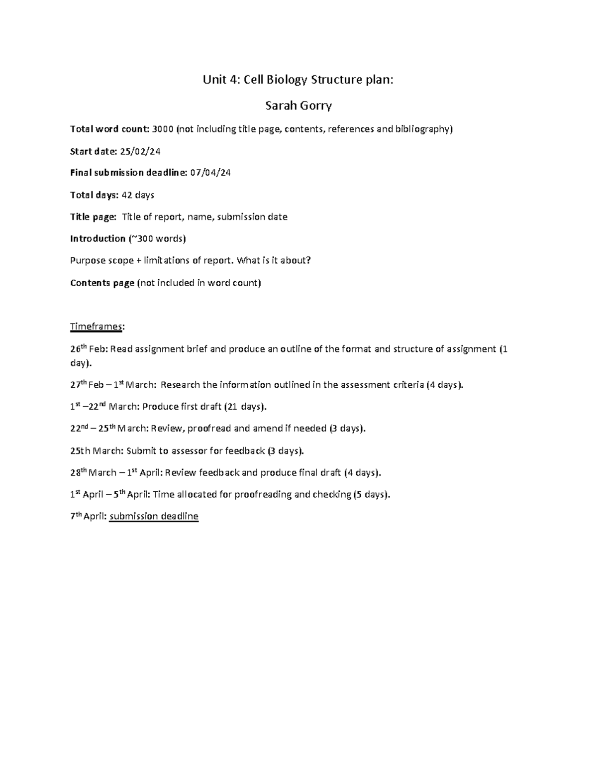 Cell biology assignment plan - Unit 4: Cell Biology Structure plan ...