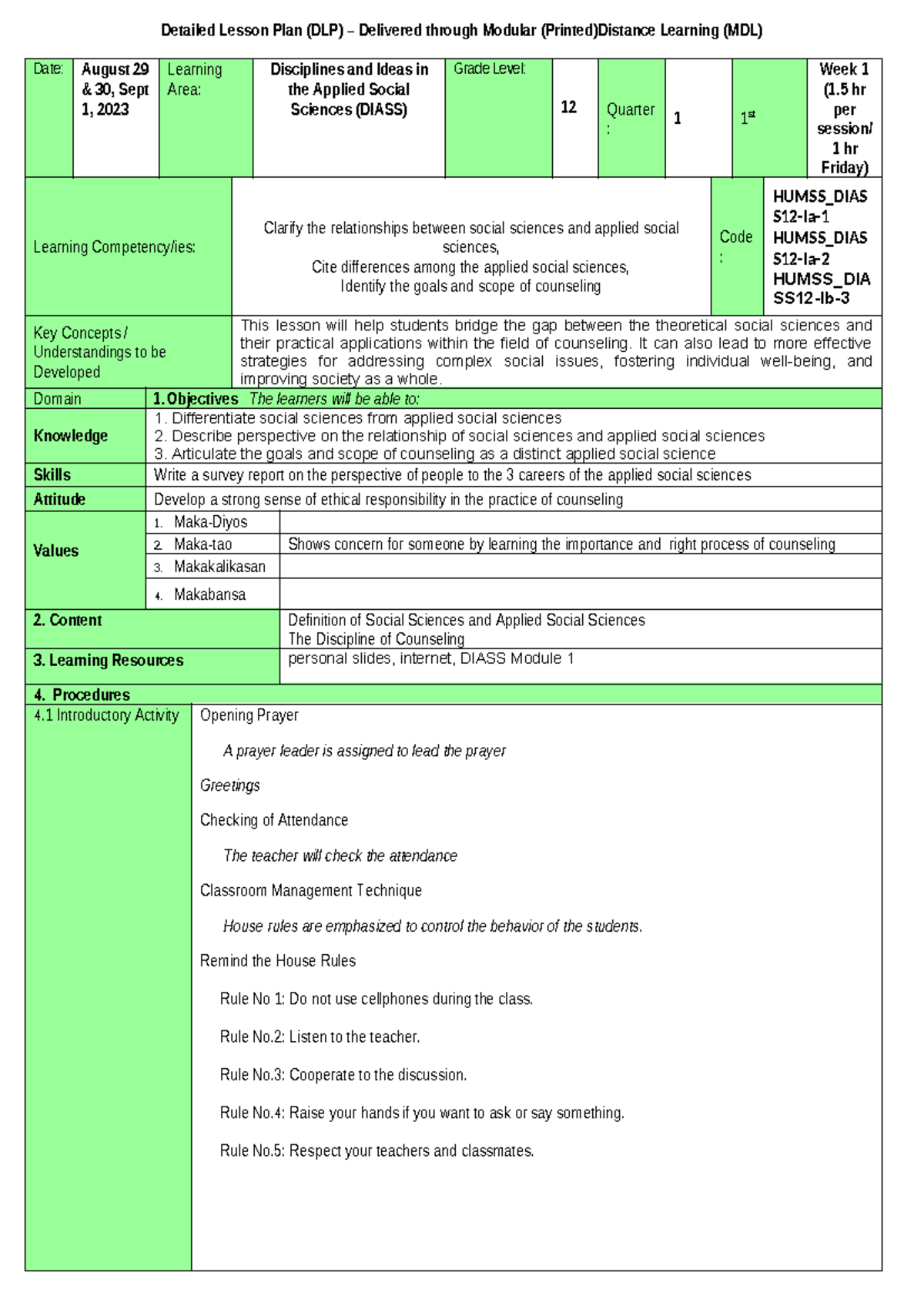 Diass Week 1 - Detailed Lesson Plan (DLP) – Delivered through Modular ...