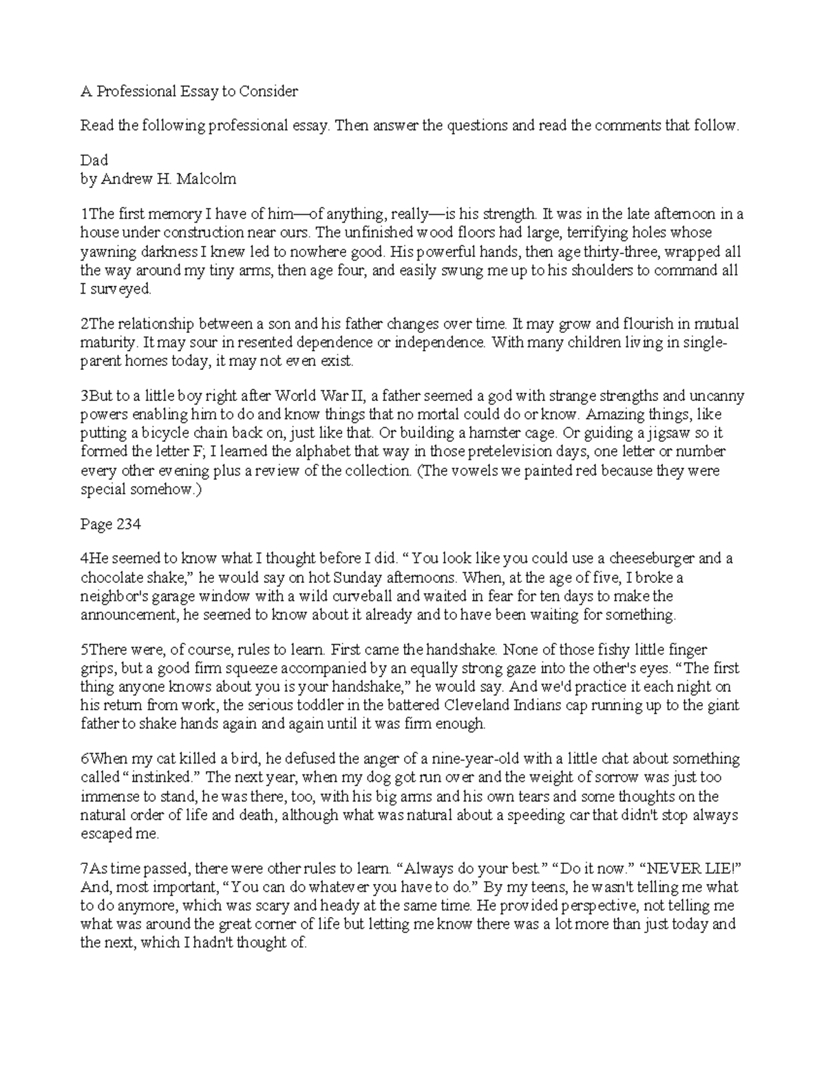 A Professional Essay to Consider - Then answer the questions and read ...