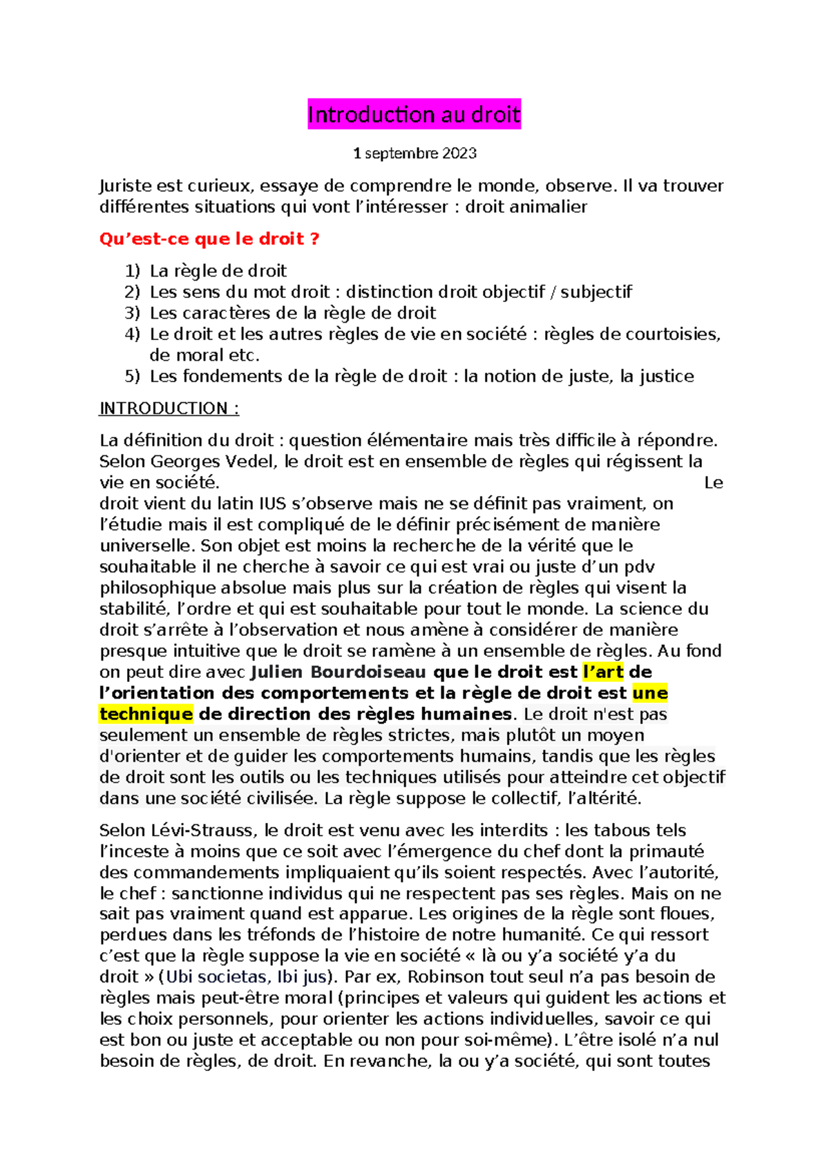 Introduction au droit n°1 - Introduction au droit 1 septembre 2023 Juriste est curieux, essaye ...