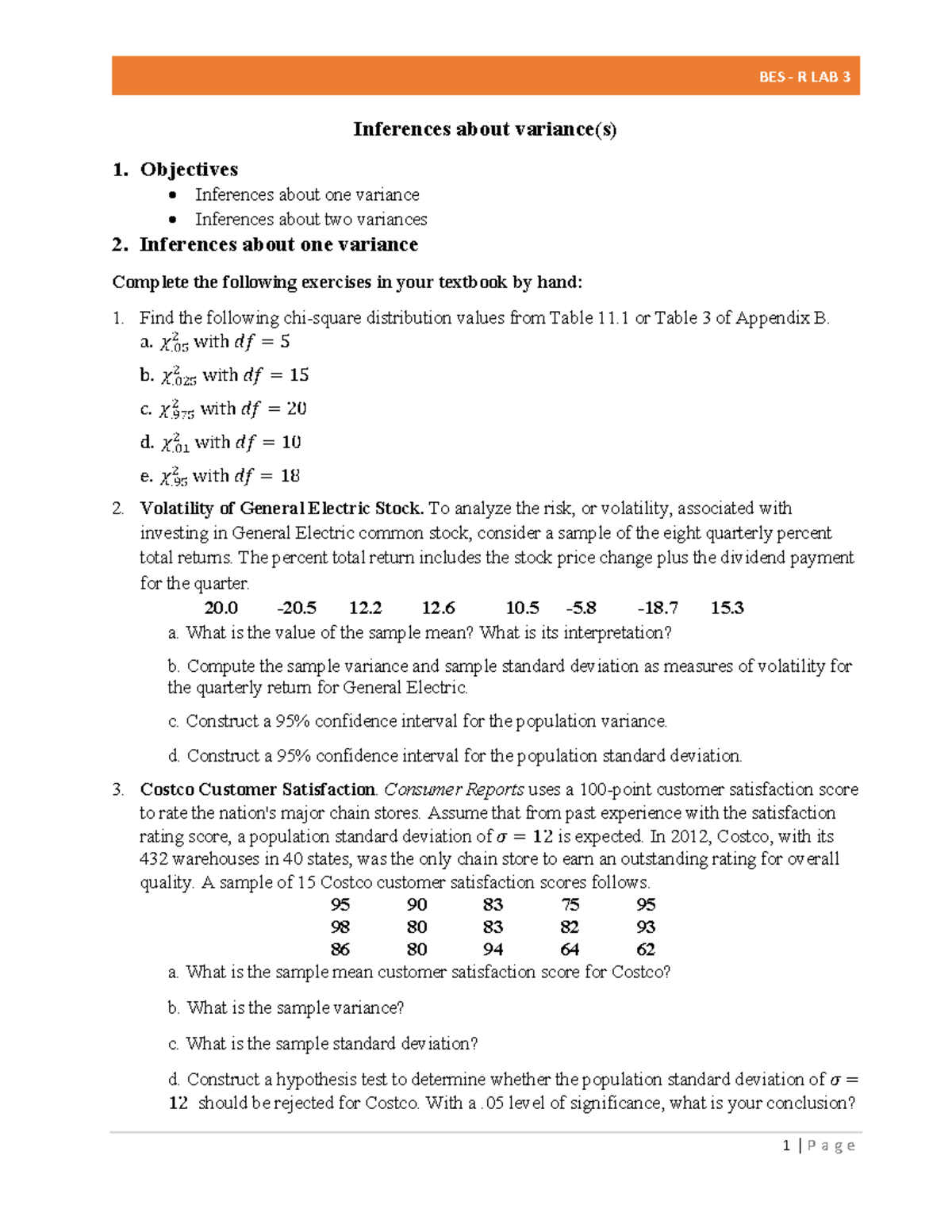 BES - R Lab 3 - lecture - BES - R LAB 3 1 | P a g e Inferences about variance(s) 1. Objectives ...