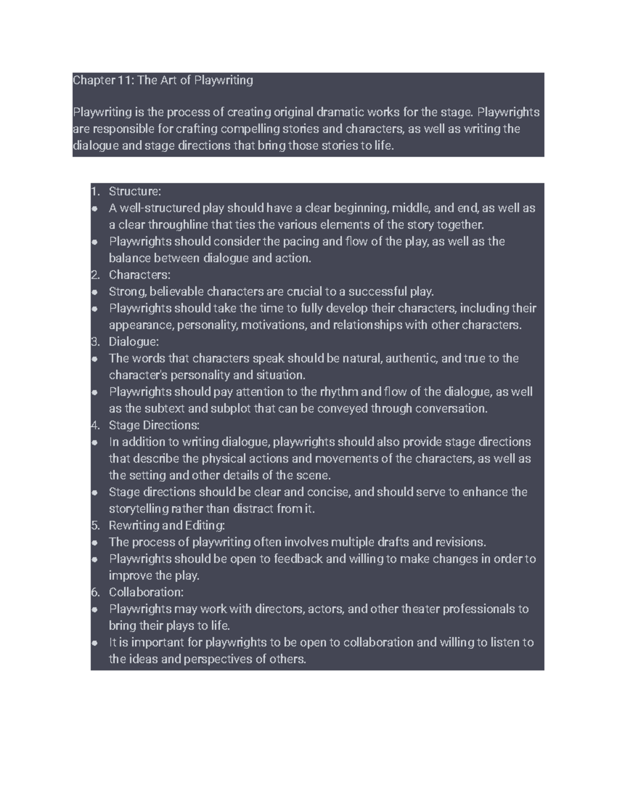 Dramatic Arts Chapter 11 Notes - Chapter 11: The Art of Playwriting ...