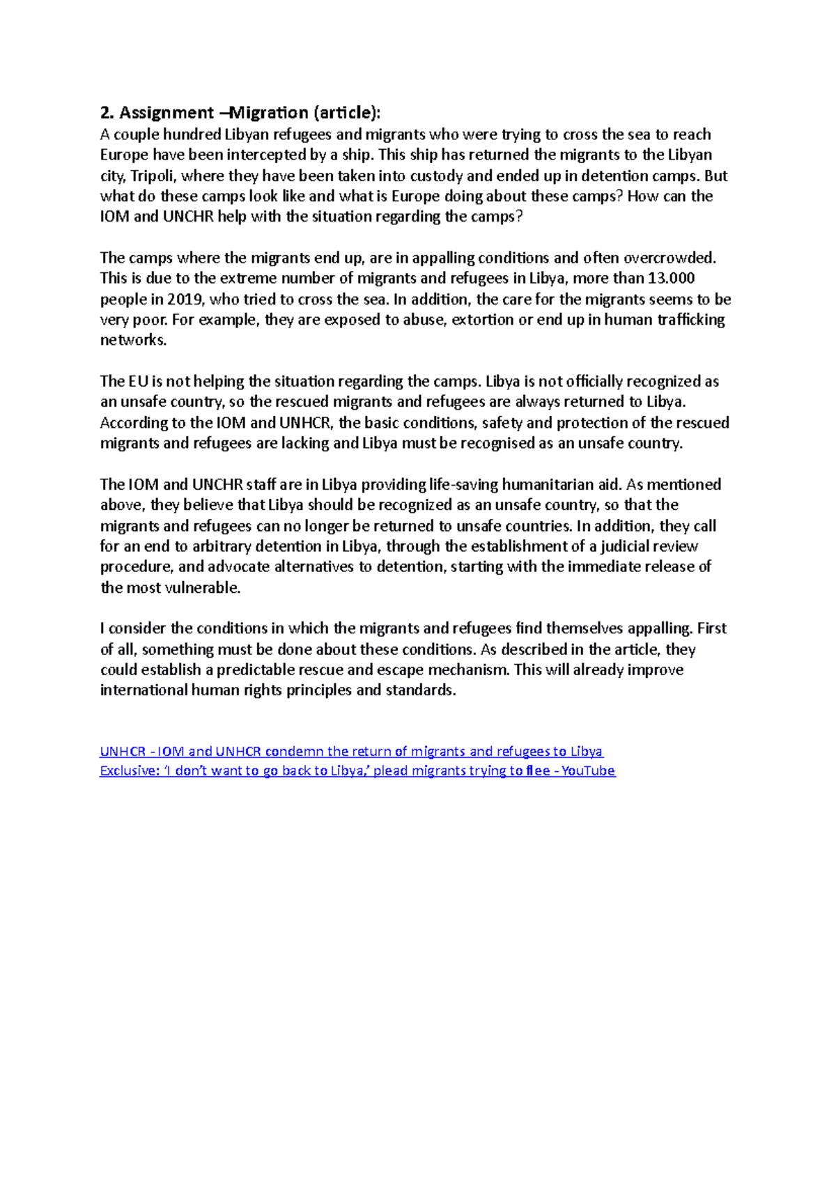Assignment 2 - migration - 2. Assignment –Migration (article): A couple hundred Libyan refugees ...