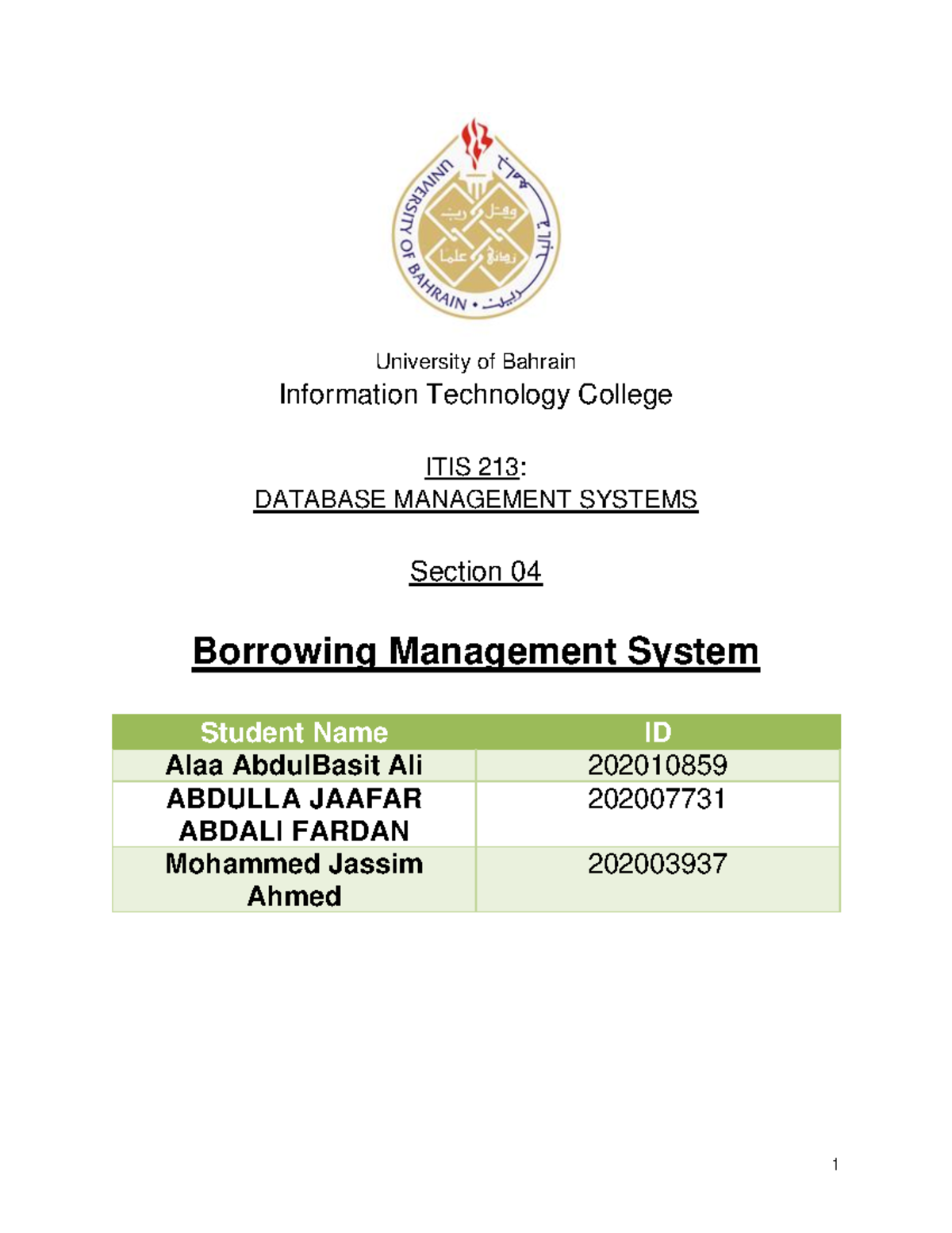 ITIS Project - University of Bahrain Information Technology College ITIS 213: DATABASE ...