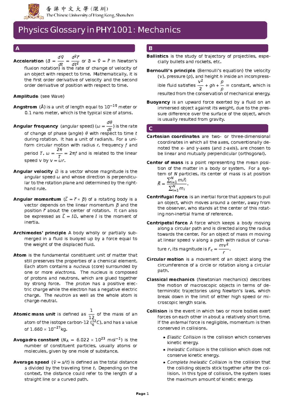 PHY1001-Glossary - Glossary of common terminologies - Physics Glossary ...