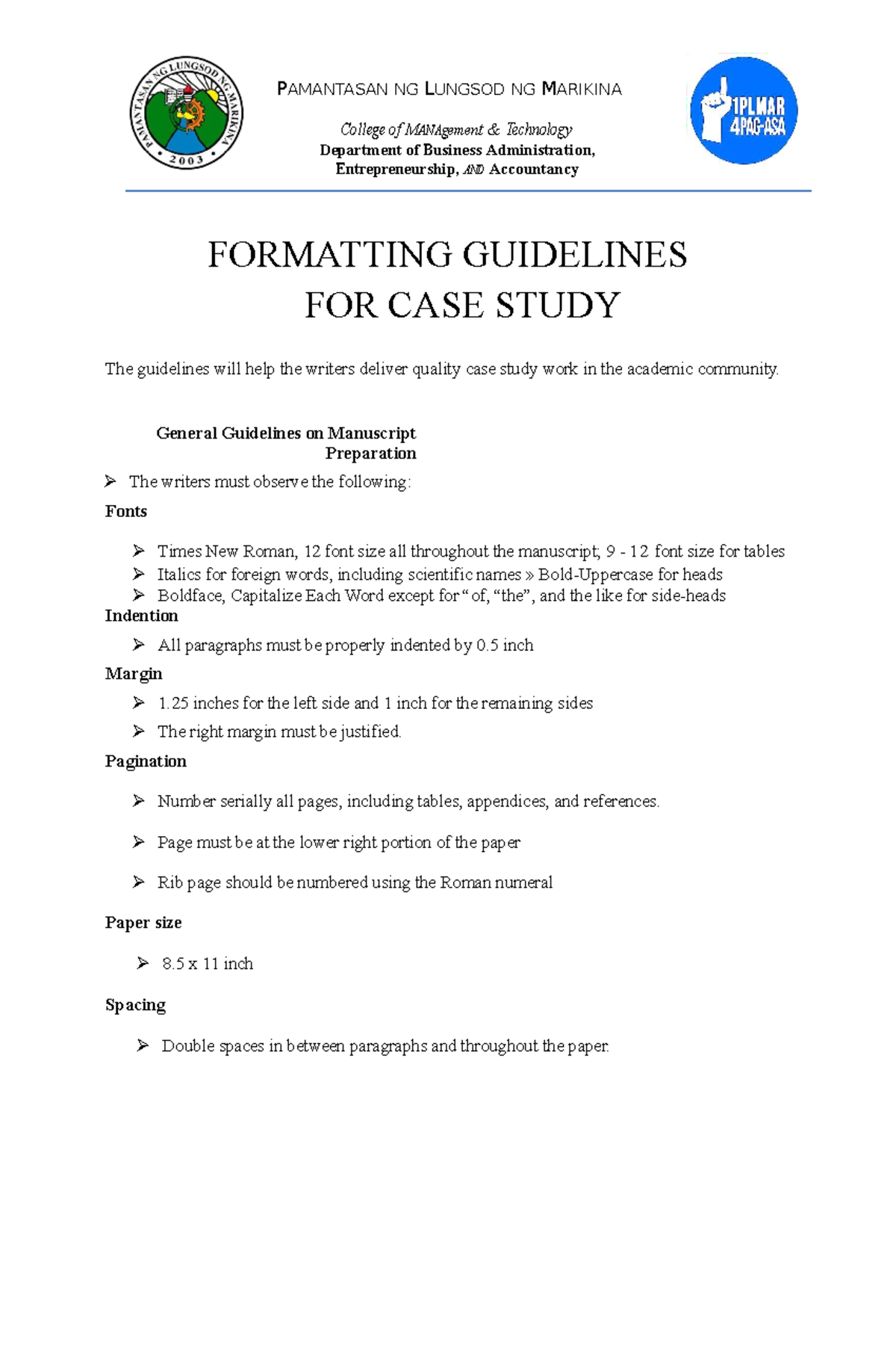 Formatting Guidelines CASE Study - FORMATTING GUIDELINES FOR CASE STUDY ...