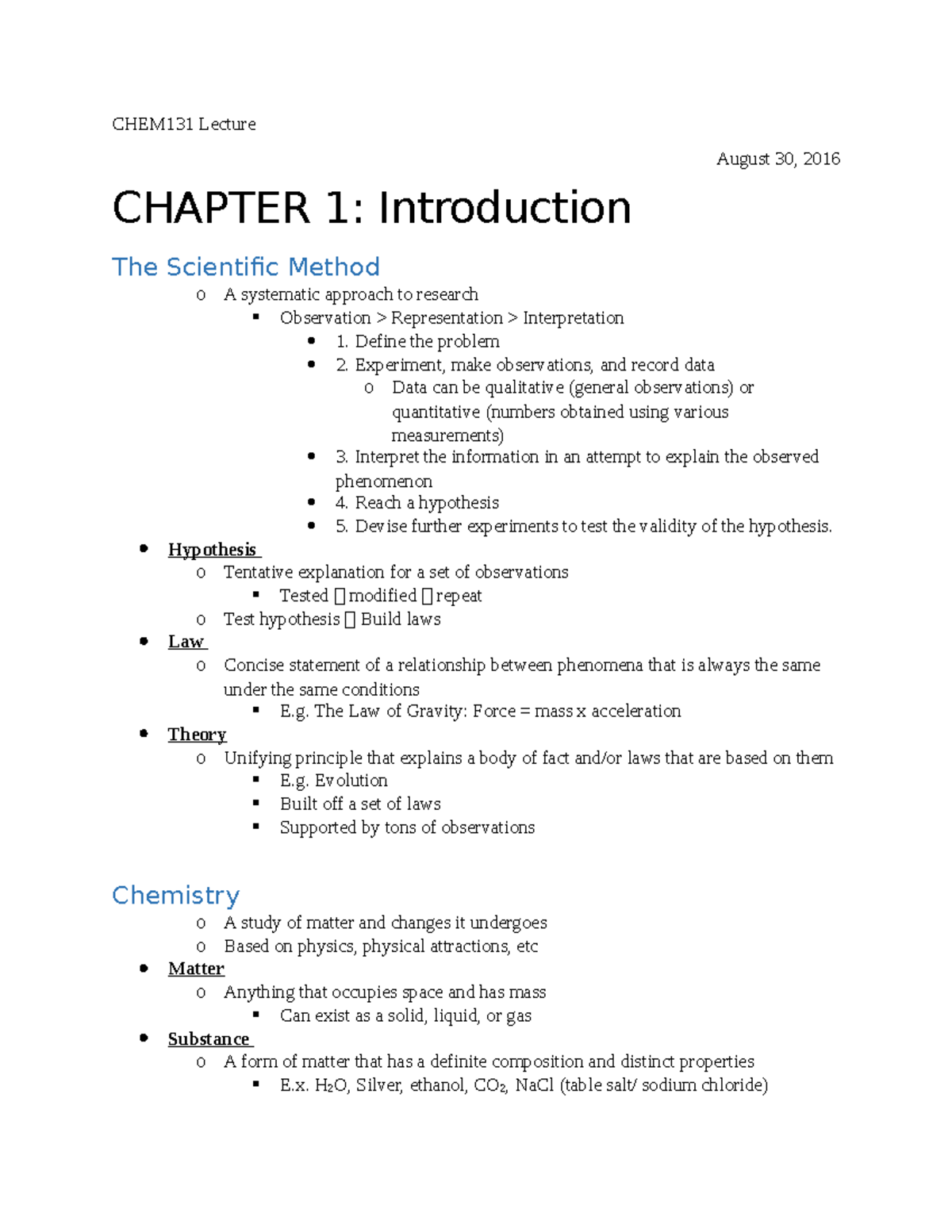 Chem notes - CHEM131 Lecture August 30, 2016 CHAPTER 1: Introduction ...