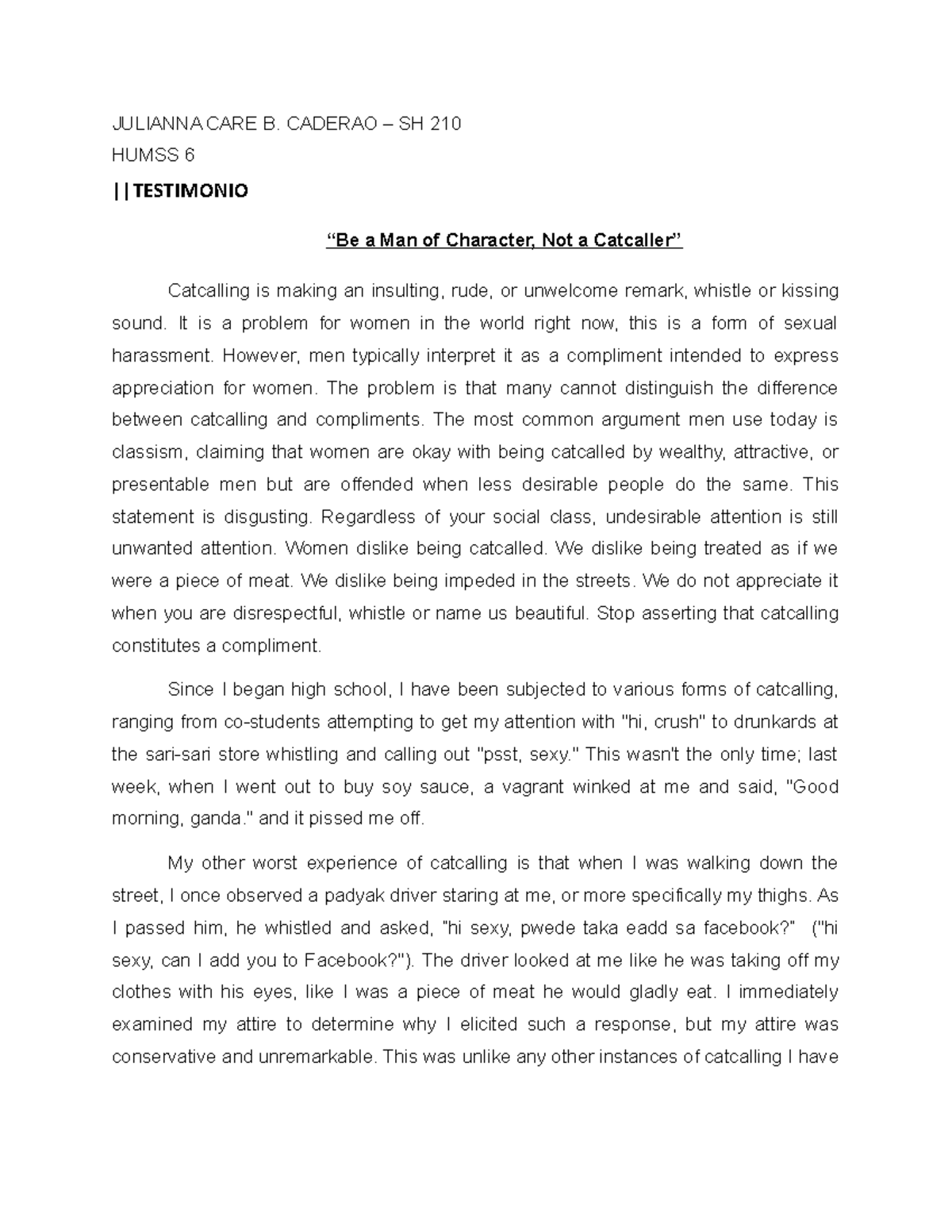 Testimonio - freely make it a reference - JULIANNA CARE B. CADERAO – SH ...