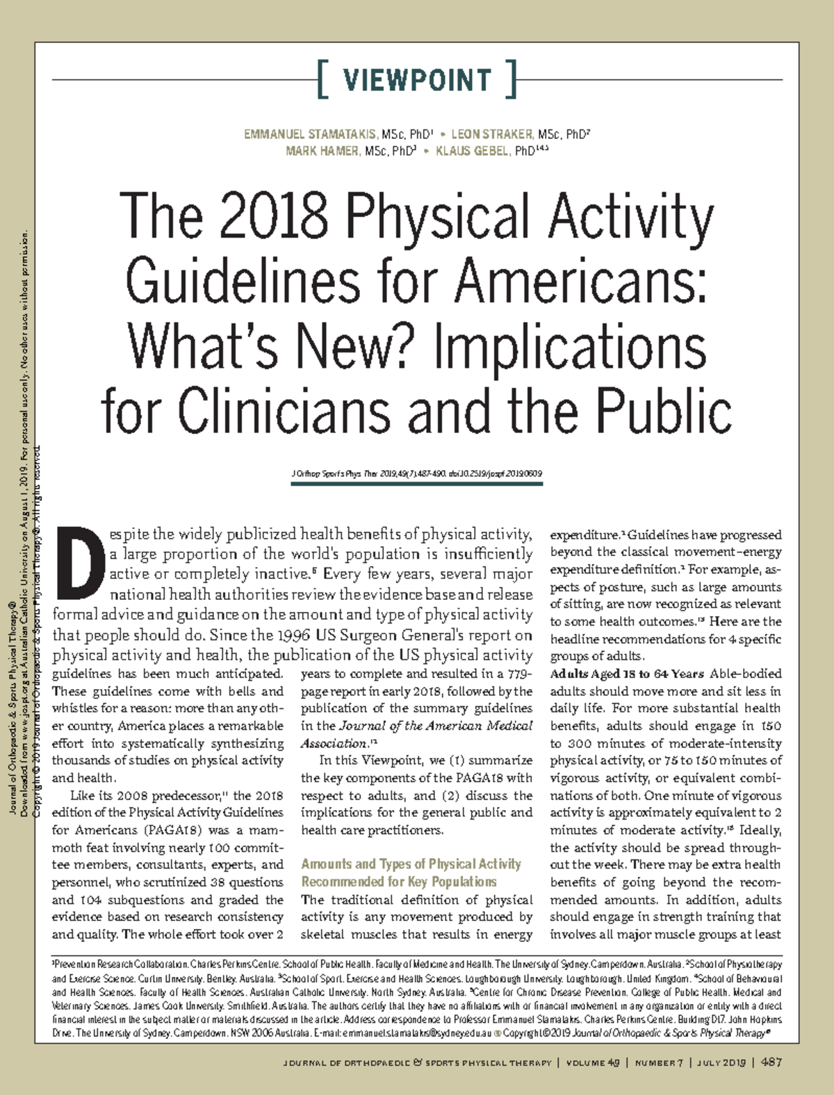 Stamatakis E.; et al. The 2018 Physical Activity Guidelines for ...