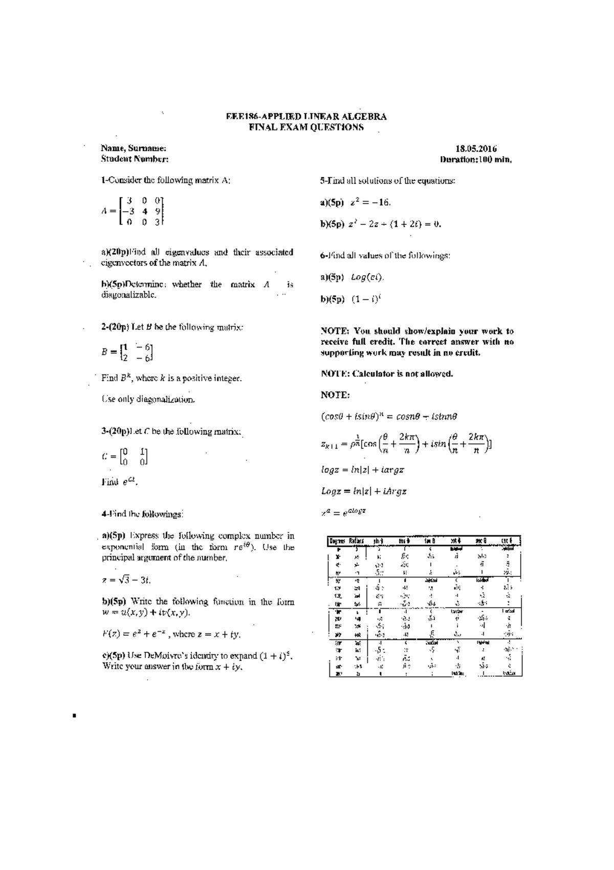 2016 spring- Final - EEE186-APPLIED LINEAR ALGEBRA FINAL EXAM QUESTIONS Name, Surname: Student ...