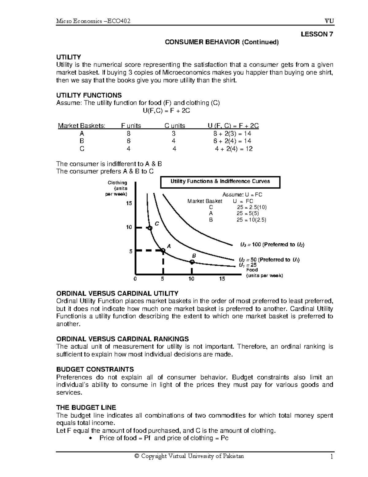 Lesson 7 ECO402 - good - LESSON 7 CONSUMER BEHAVIOR (Continued) UTILITY ...