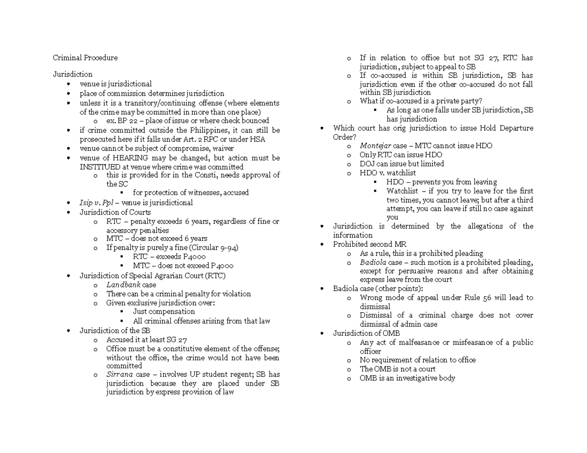 Criminal Procedure Notes Online 1 - Criminal Procedure Jurisdiction ...