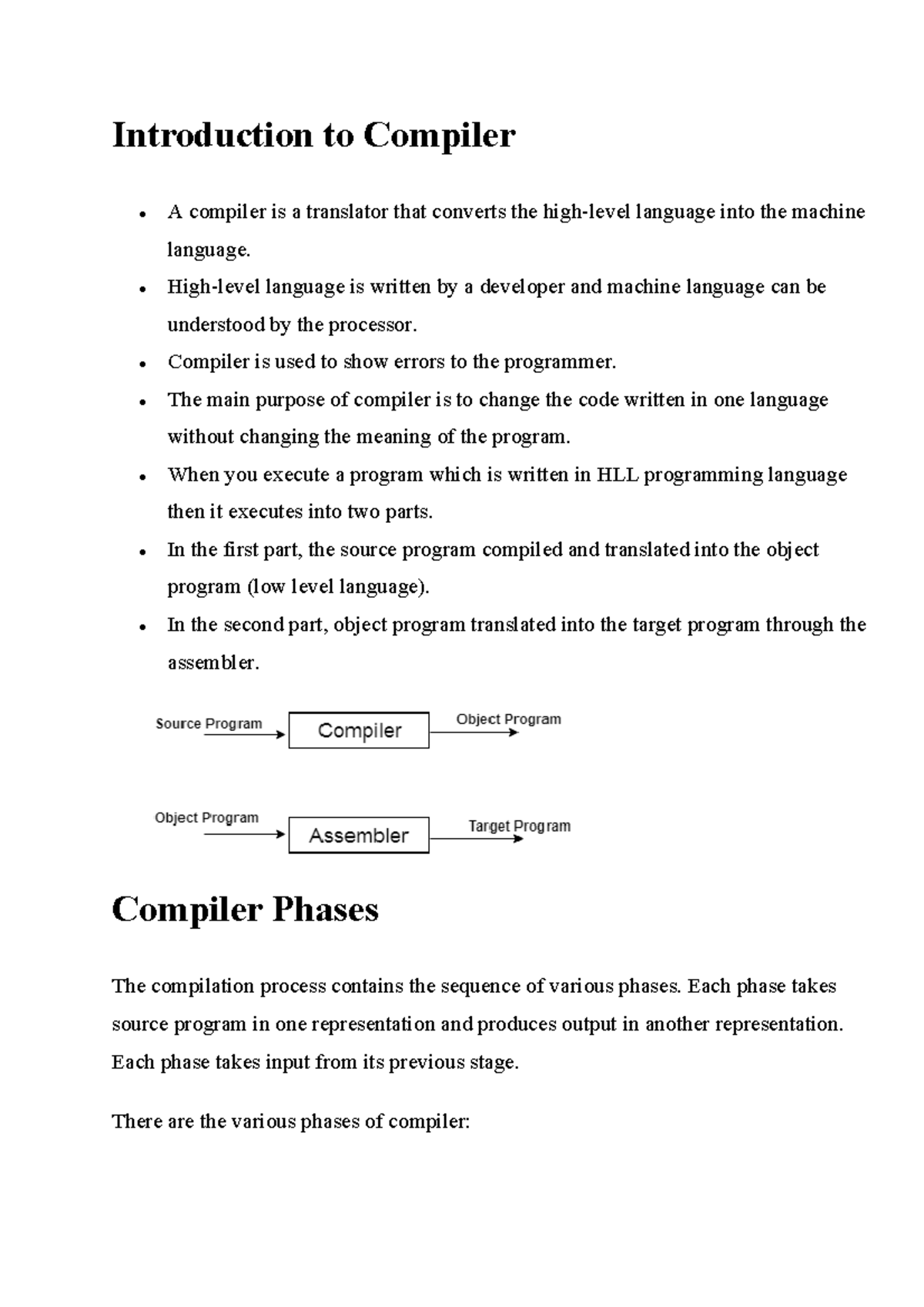 Compiler mod 1 - Introduction to Compiler A compiler is a translator that converts the high ...