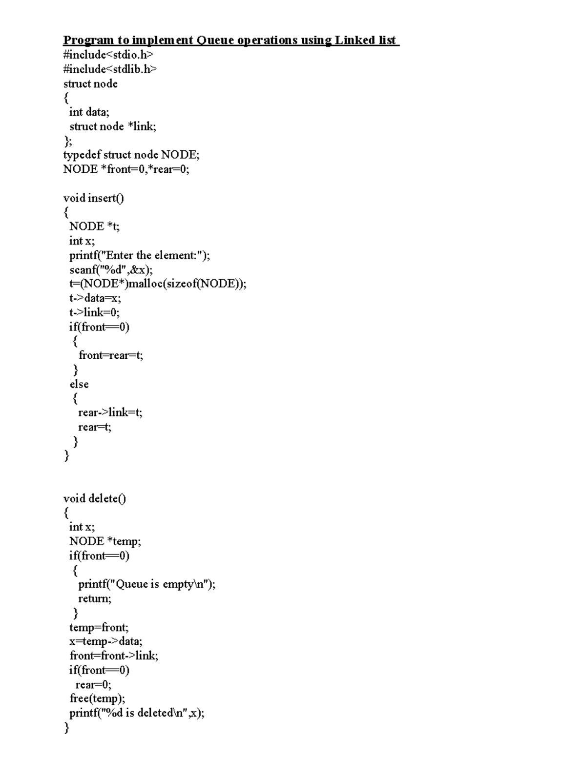 Linkedqueue 22 Ds C Program To Implement Queue Operations Using
