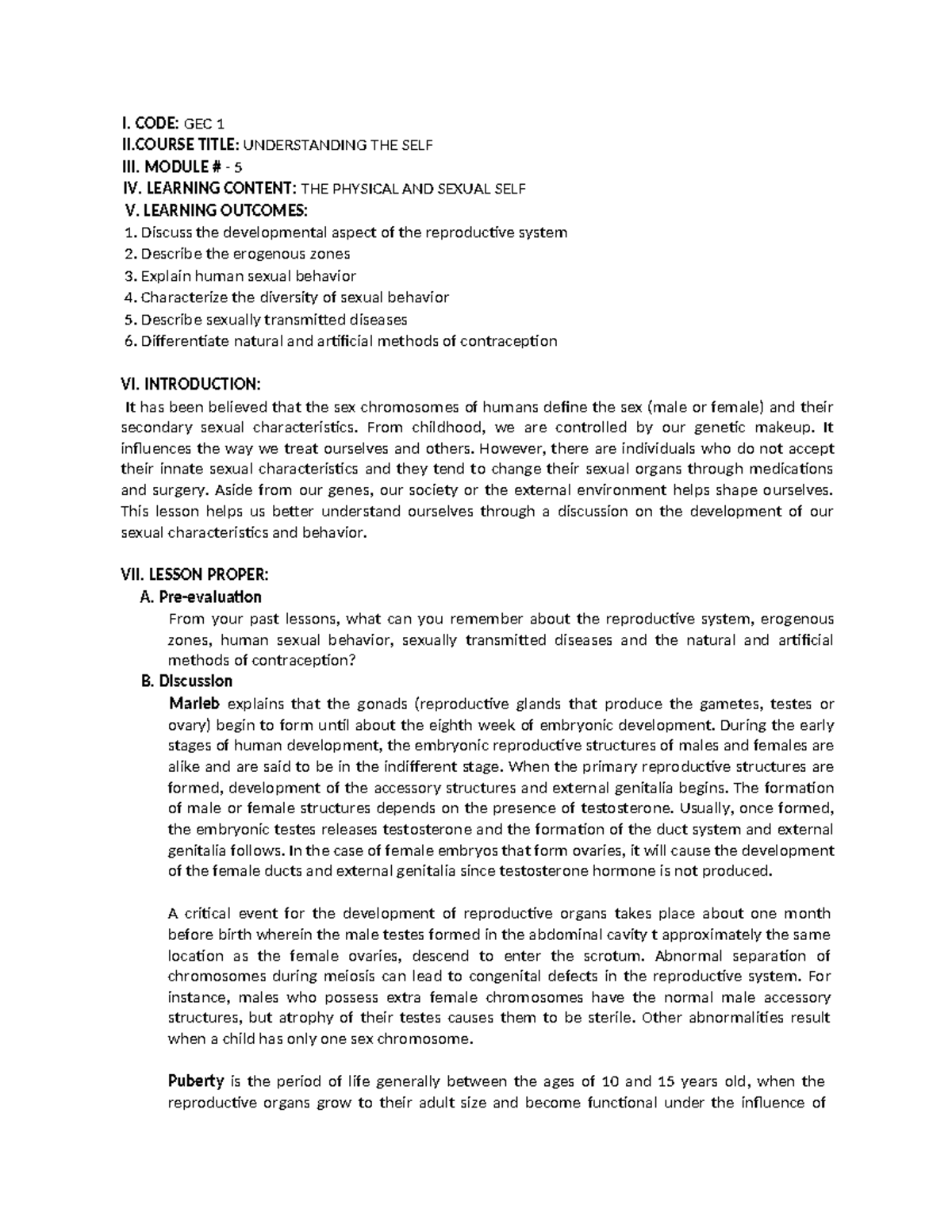 UTS - Module 5 - UTS - I. CODE: GEC 1 II TITLE: UNDERSTANDING THE SELF III. MODULE # - 5 IV ...